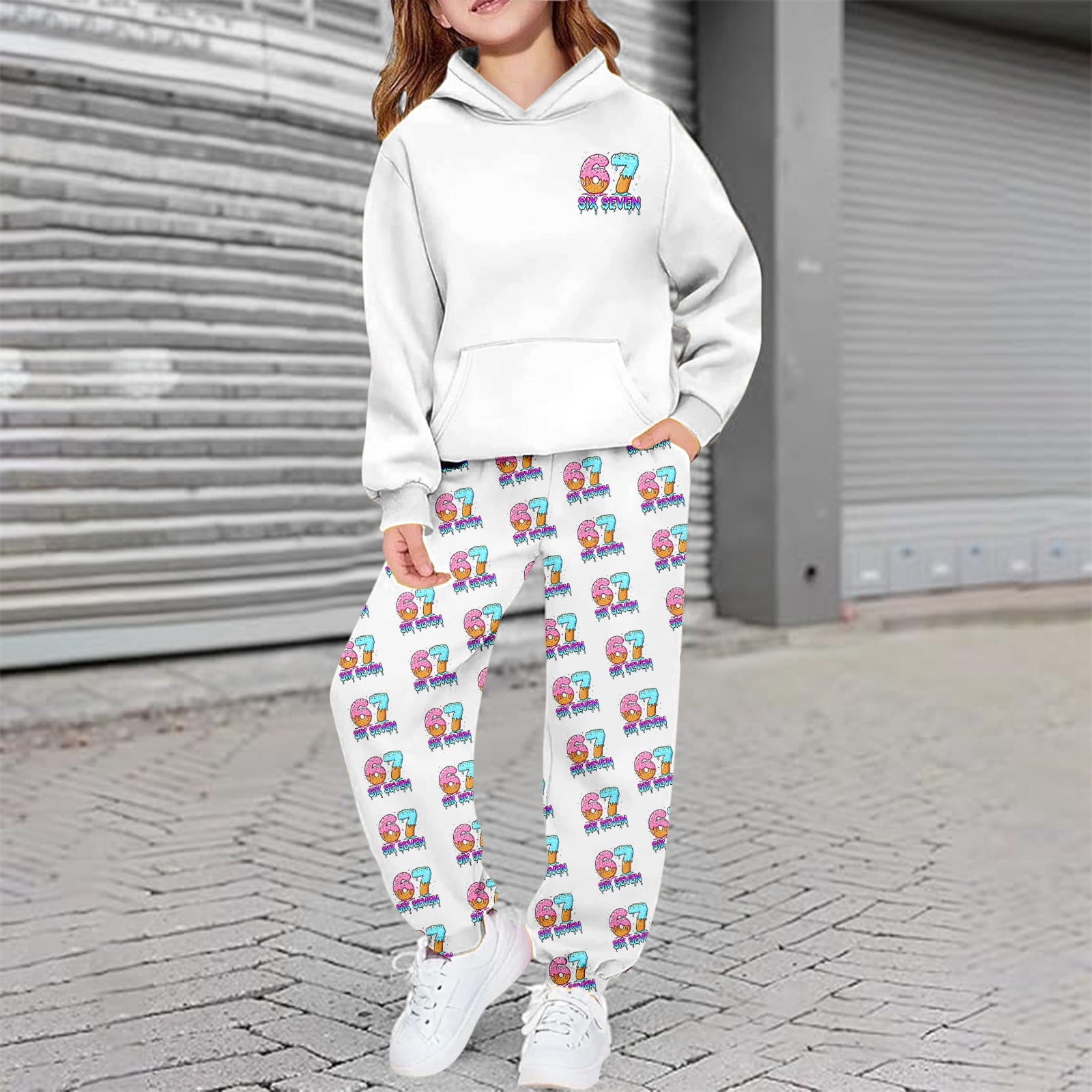 ZHOGXU Big Kids Girls Outfit 6 7 Printed Long Sleeve Pocket Hoodies And ...