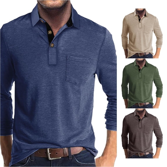 ZHOGXU Father's Day Mens Polo Shirt Lapel Long Sleeve Solid Color ...