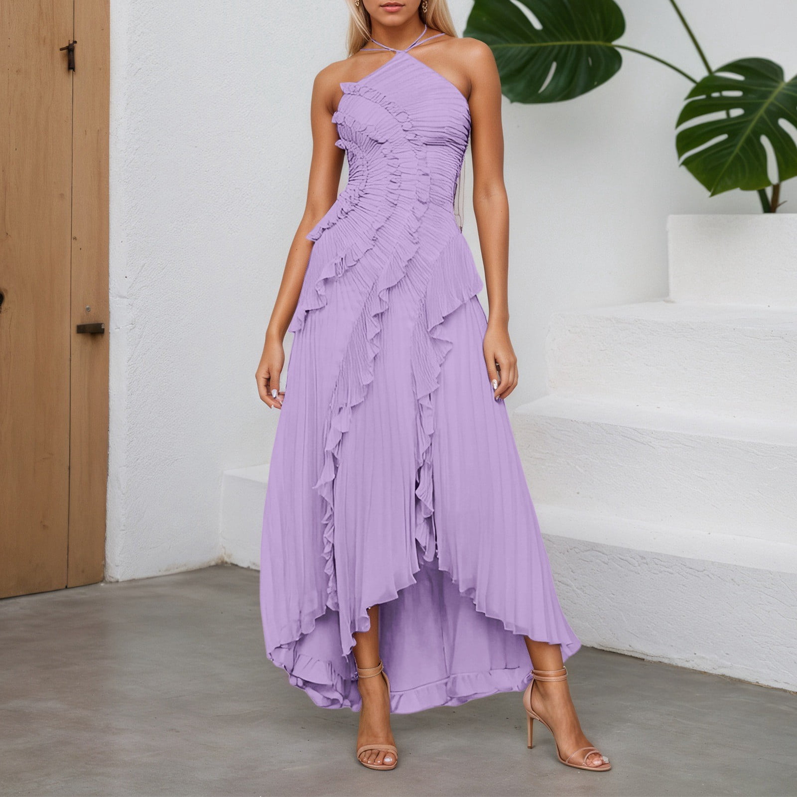 ZHOGXU Women's Casual Dress With Side Zipper Summer Halter Neck ...