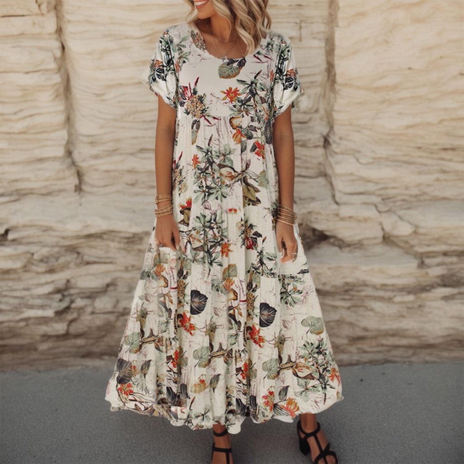 ZHOGXU Women's Dress Short Sleeve Round Neck Floral Print Fashion ...