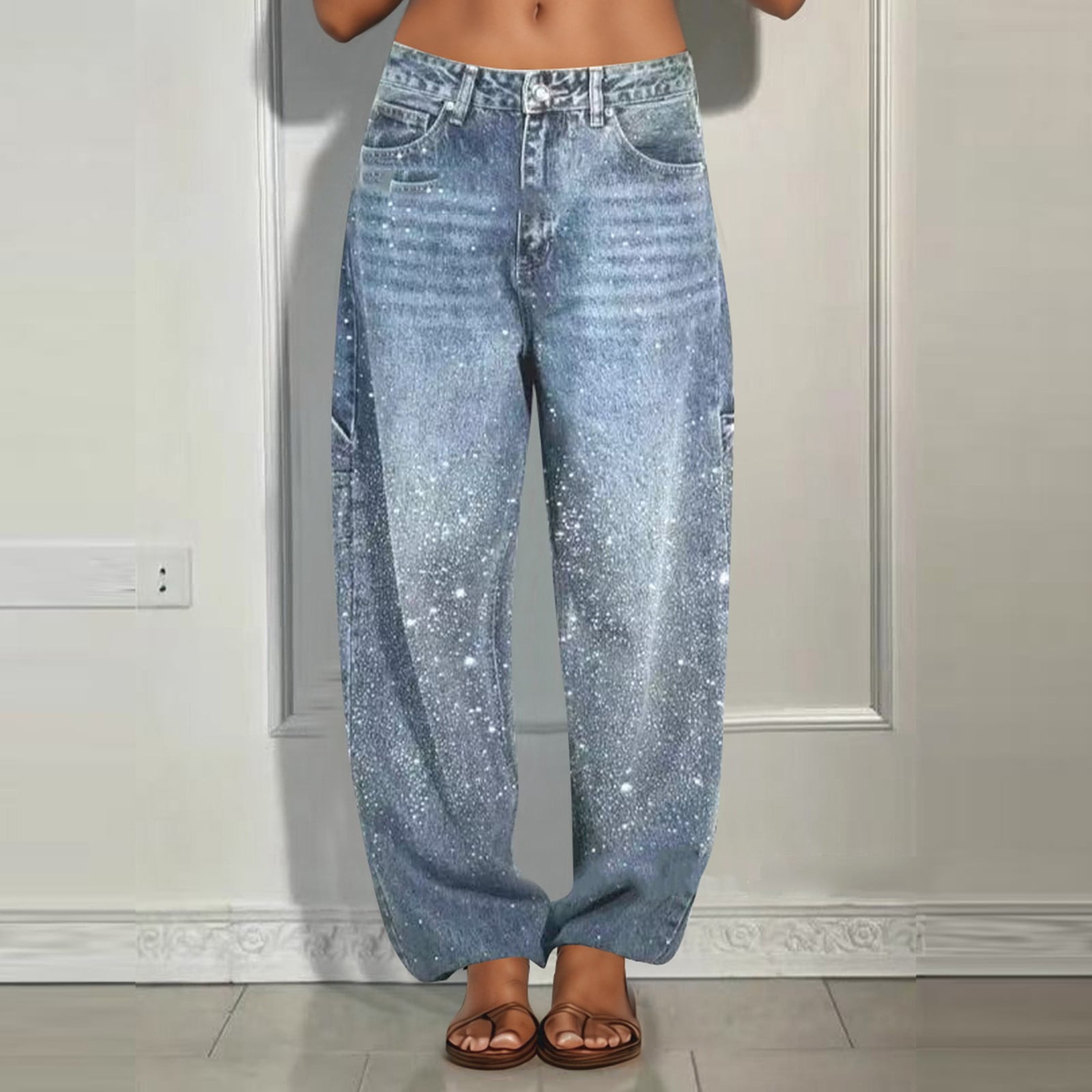 ZHOGXU Women's Jeans With Pockets High Waisted Sequin Straight Fit Wide ...