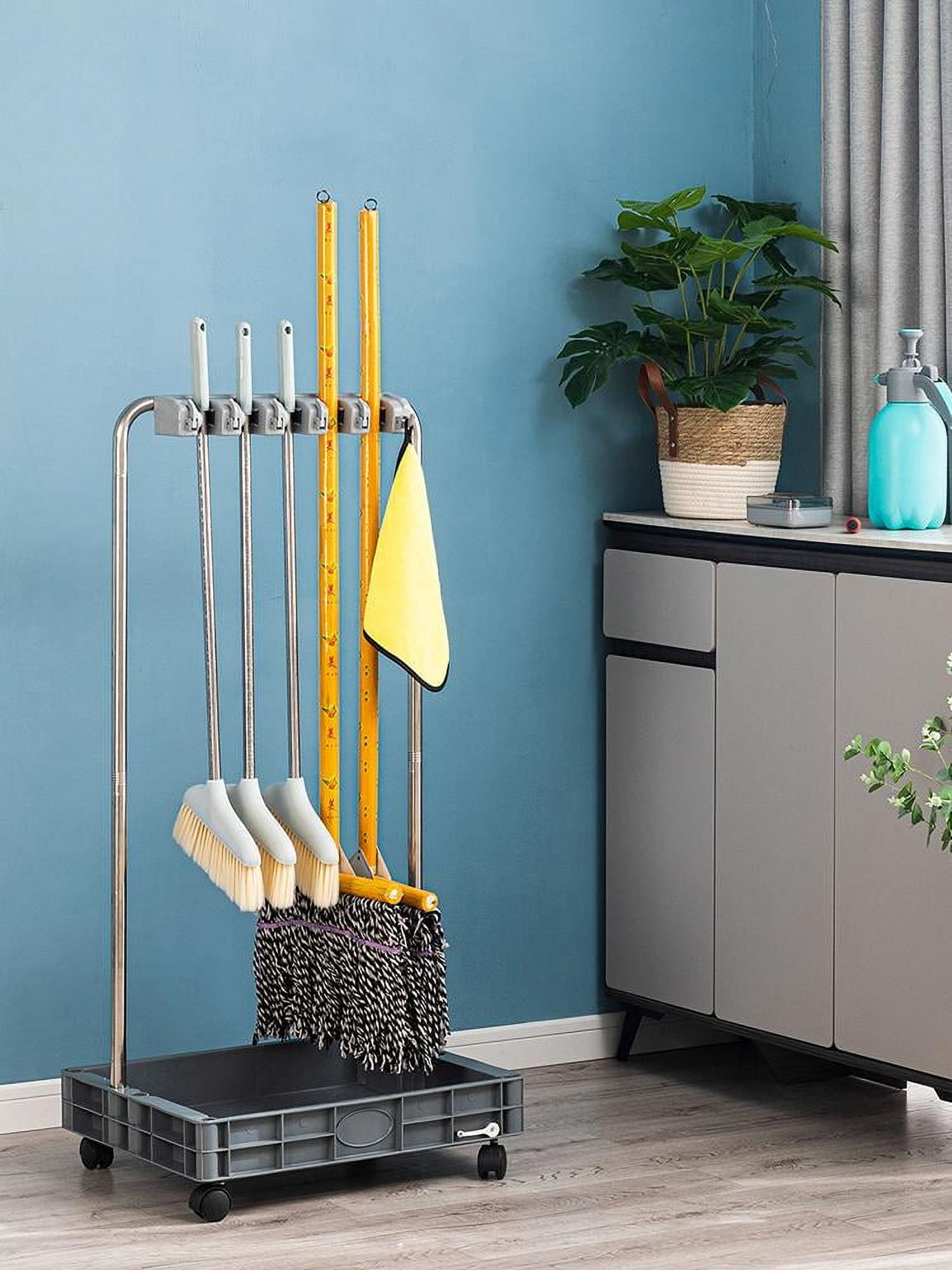 ZHON Broom and Mop Holder with 6 Hooks Put Wet Mops Movable Floor ...