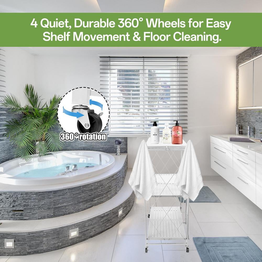 ZHON Folding Shelf Unit 3 Tier Metal Storage Rack with Wheels Standing ...