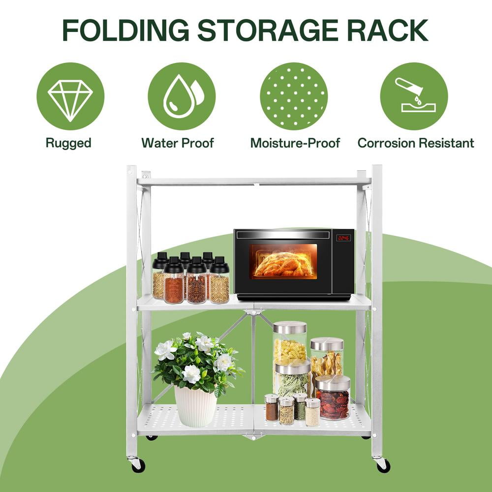 ZHON Folding Shelves with Wheels 3 Tier Metal Storage Rack with Wheels ...