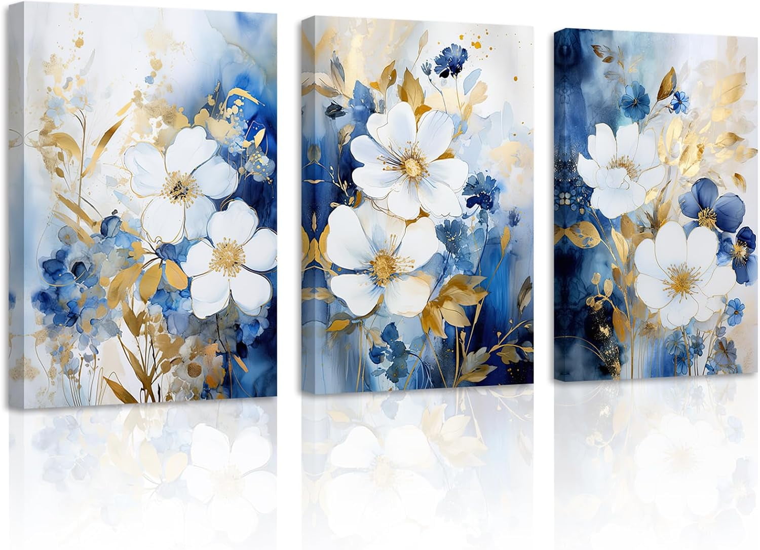 ZHONGYUTONG Abstract Floral Wall Art 3 Pieces Navy Blue Flowers Canvas ...