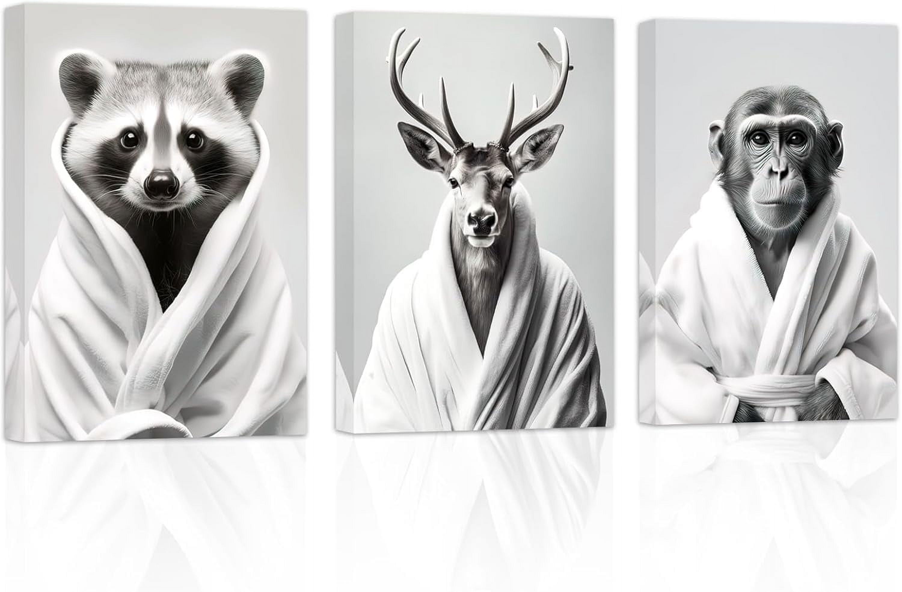ZHONGYUTONG Bathroom Animal Wall Art 3 Pieces Cute Raccoon Deer Monkey ...