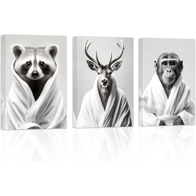 ZHONGYUTONG Bathroom Animal Wall Art 3 Pieces Cute Raccoon Deer Monkey ...