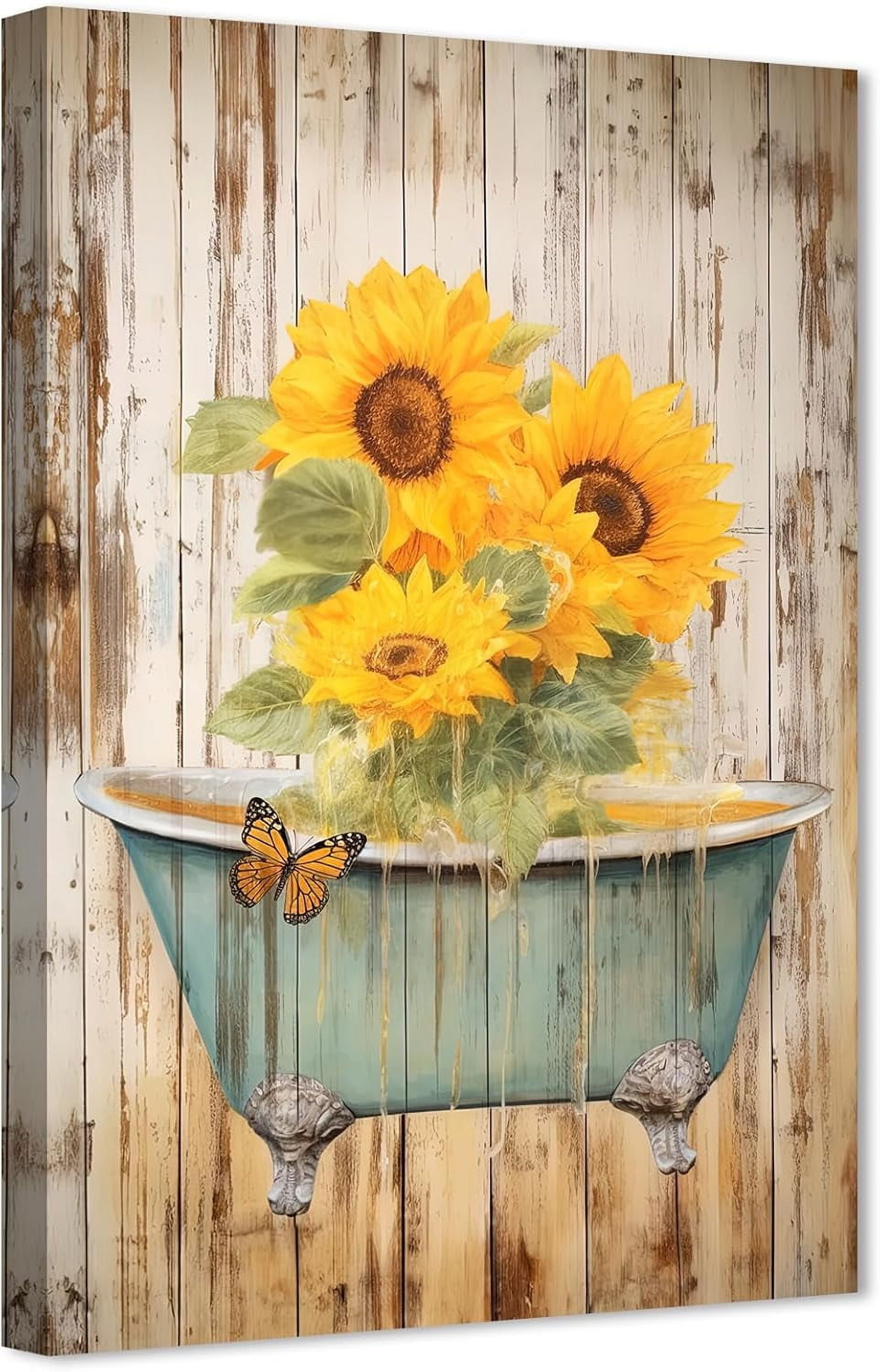 ZHONGYUTONG Bathroom Wall Art Sunflower Butterfly in Bathtub Poster ...