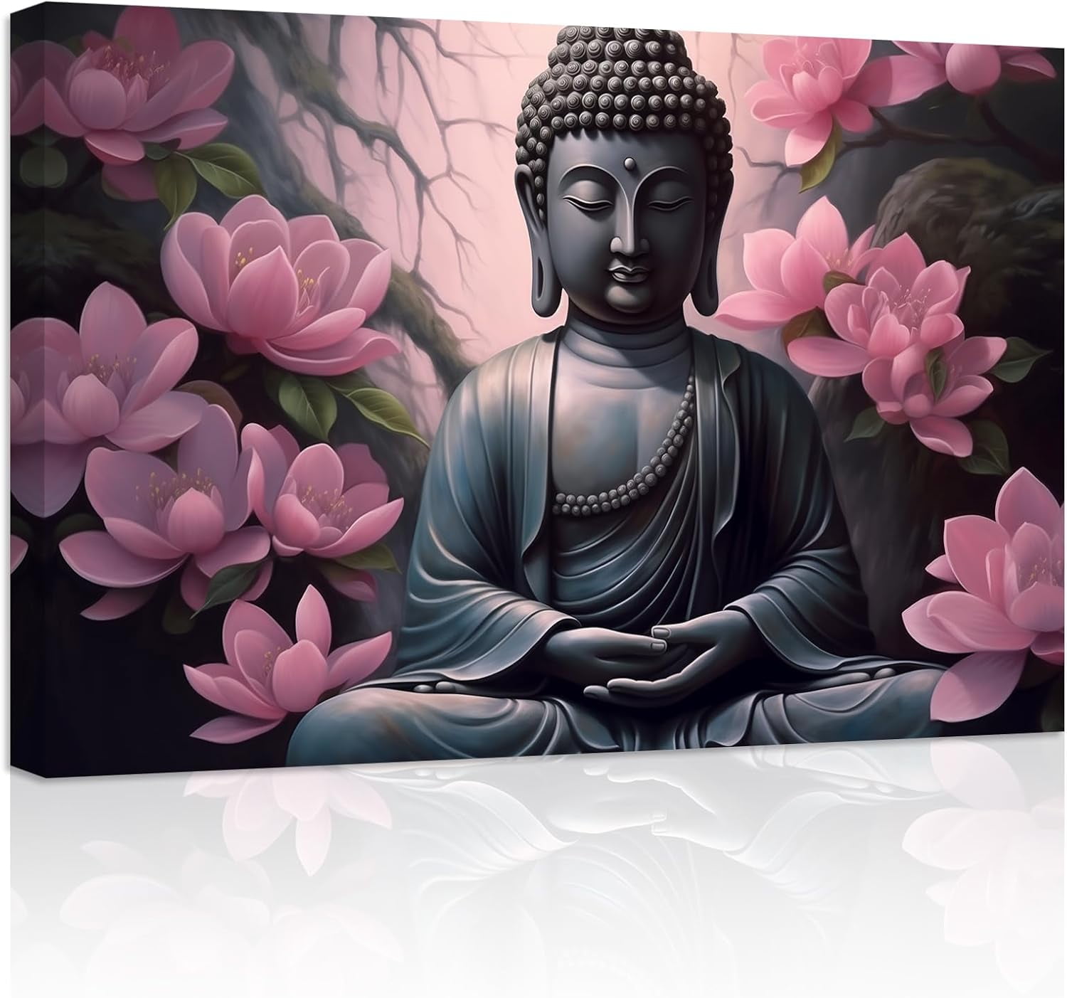ZHONGYUTONG Buddha Wall Art Buddha Statue & Pink Flower Paintings ...