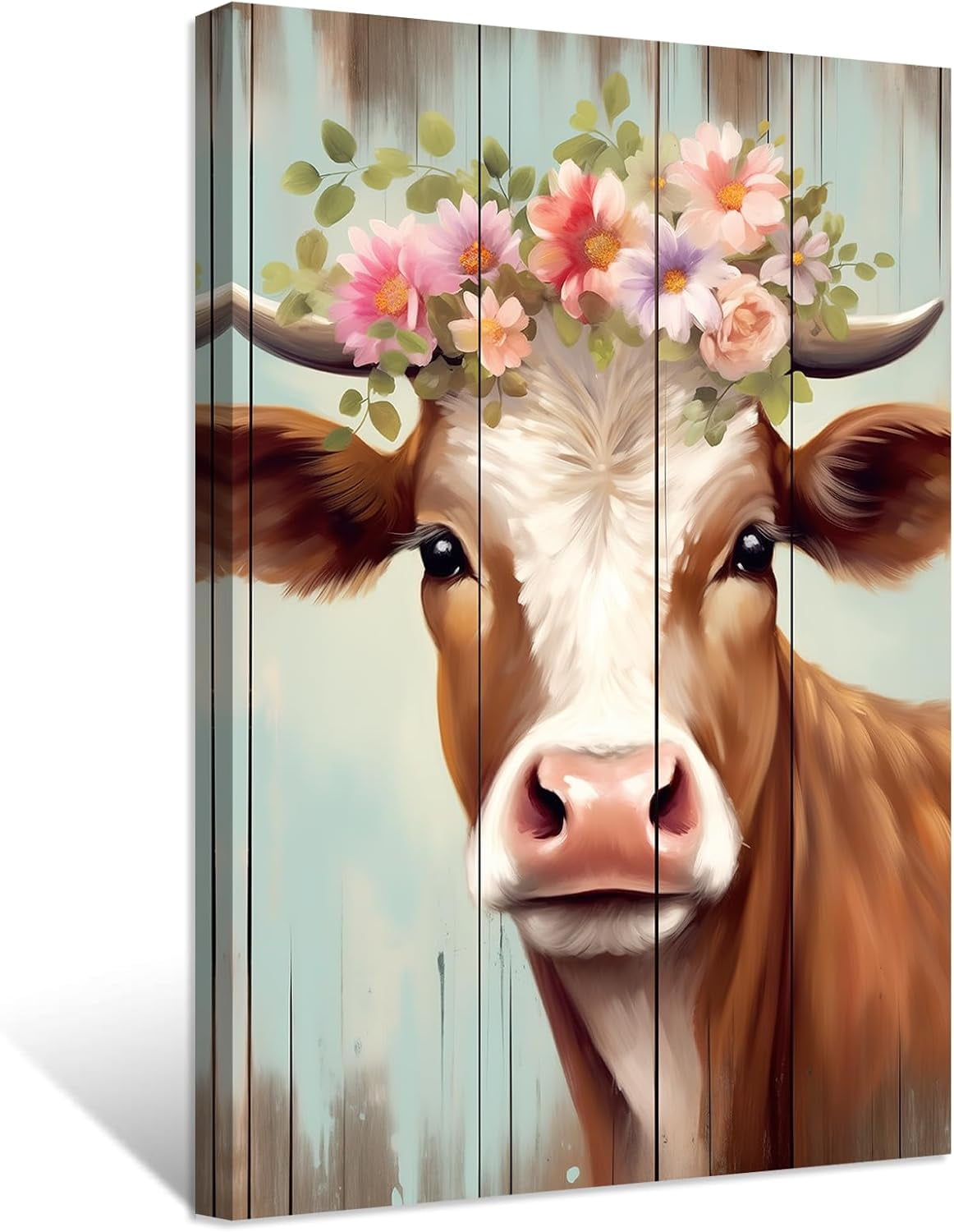 ZHONGYUTONG Cow Canvas Wall Art Brown Cow with Flower Picture Cute ...