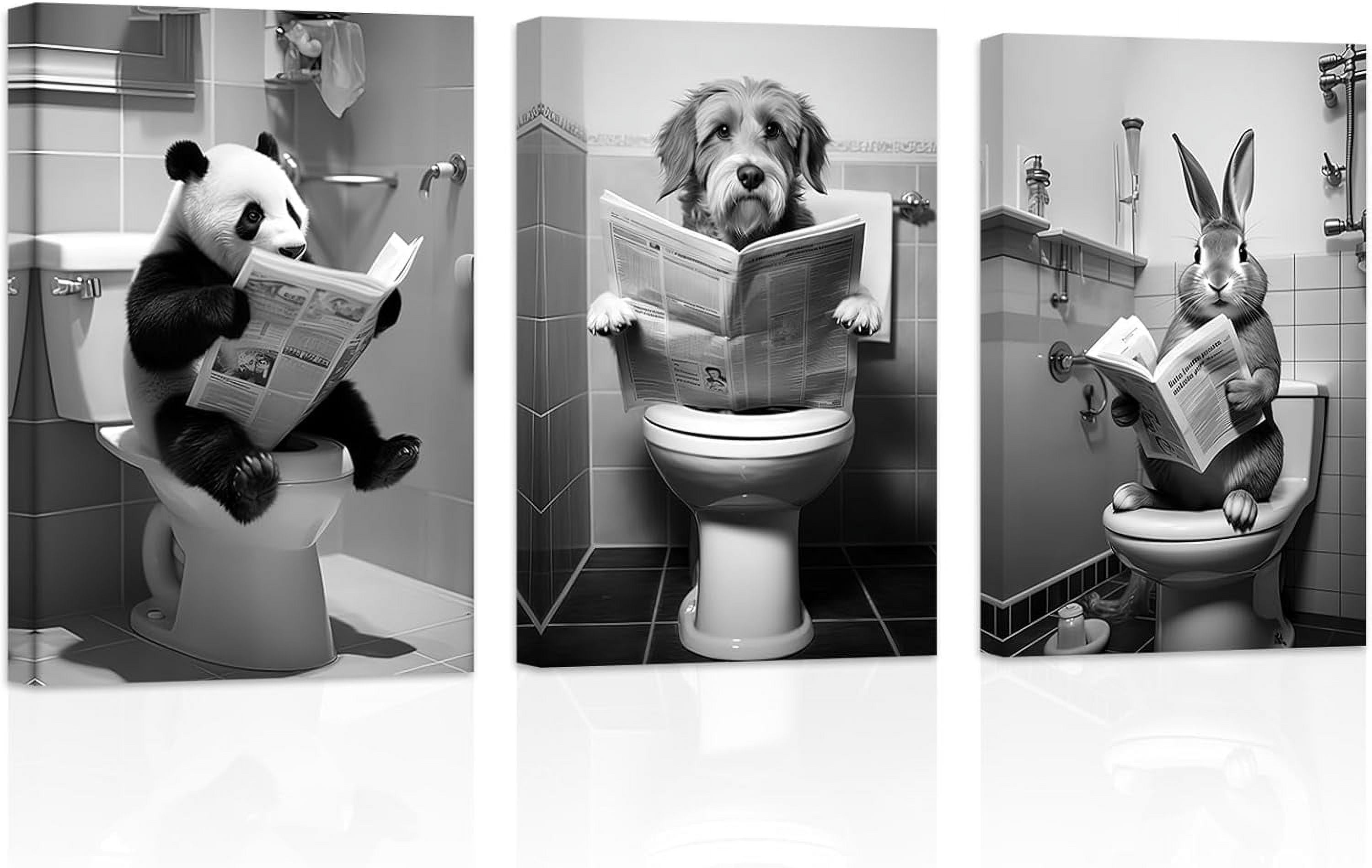 ZHONGYUTONG Funny Bathroom Animal Wall Art 3 Pieces Cute Panda Dog ...