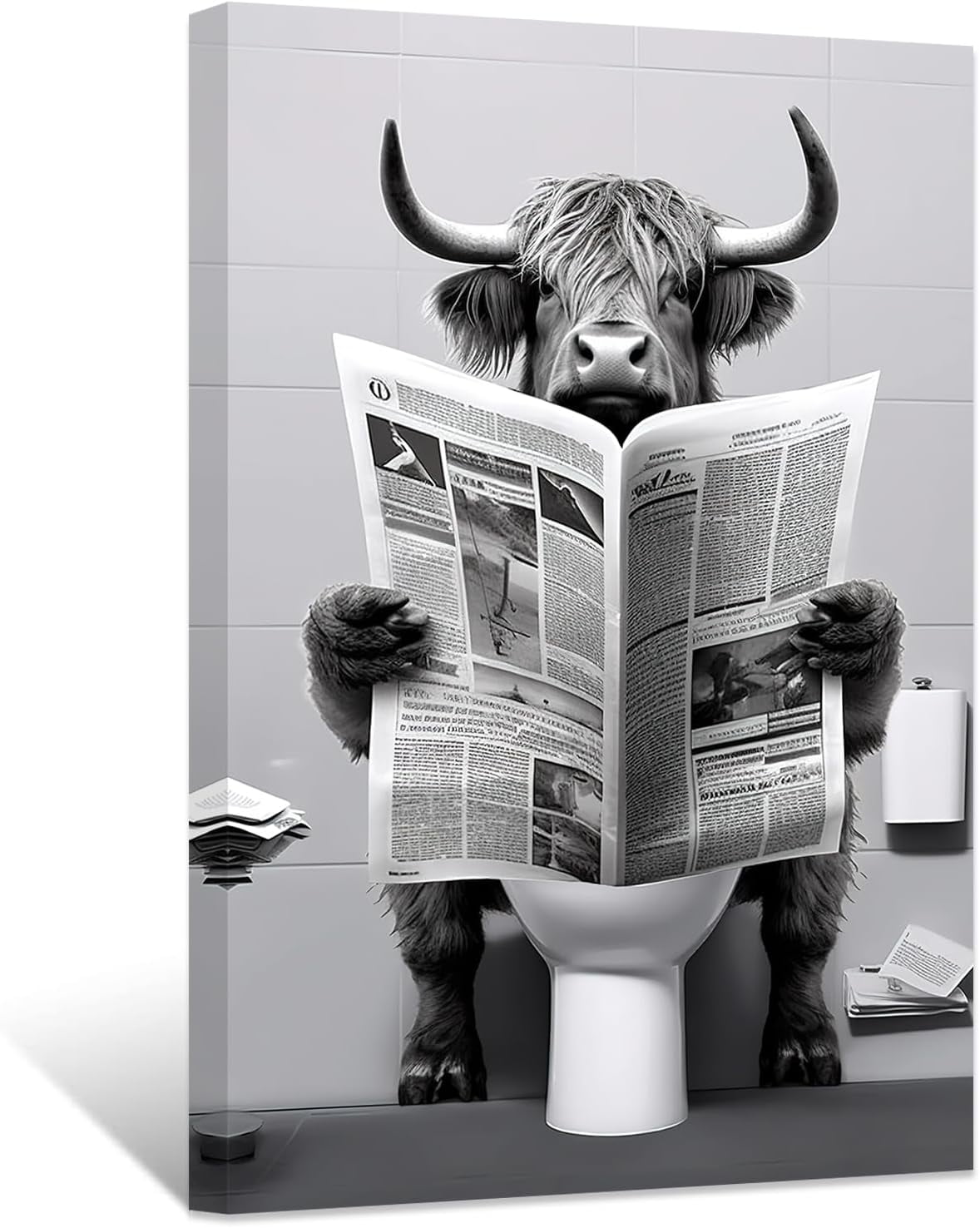 ZHONGYUTONG Funny Bathroom Wall Art Cute Highland Cow Reading Newspaper ...