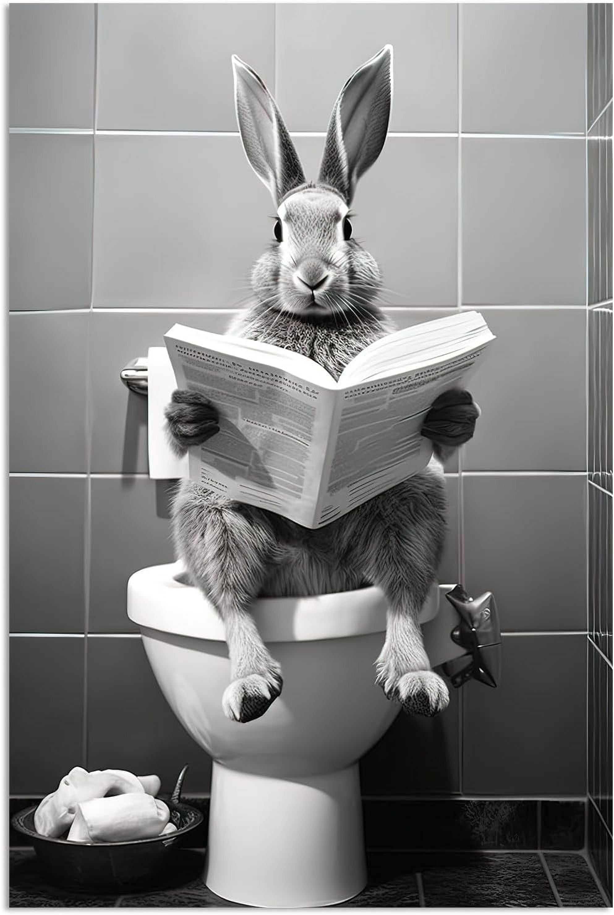 ZHONGYUTONG Funny Bathroom Wall Art Cute Rabbit Reading Newspaper on ...