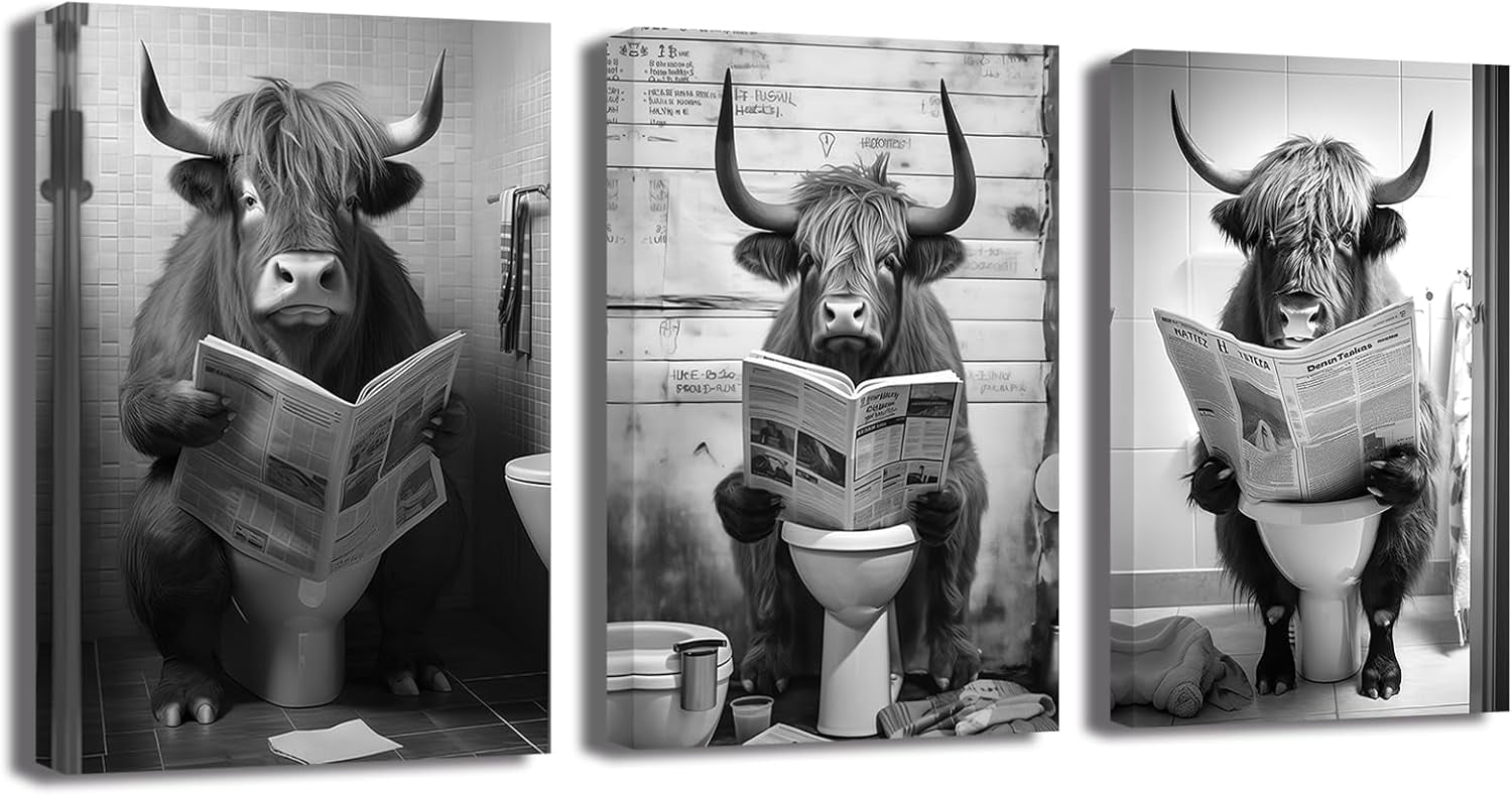 Zhongyutong Funny Bathroom Wall Decor 3 Pieces Highland Cow Sitting On