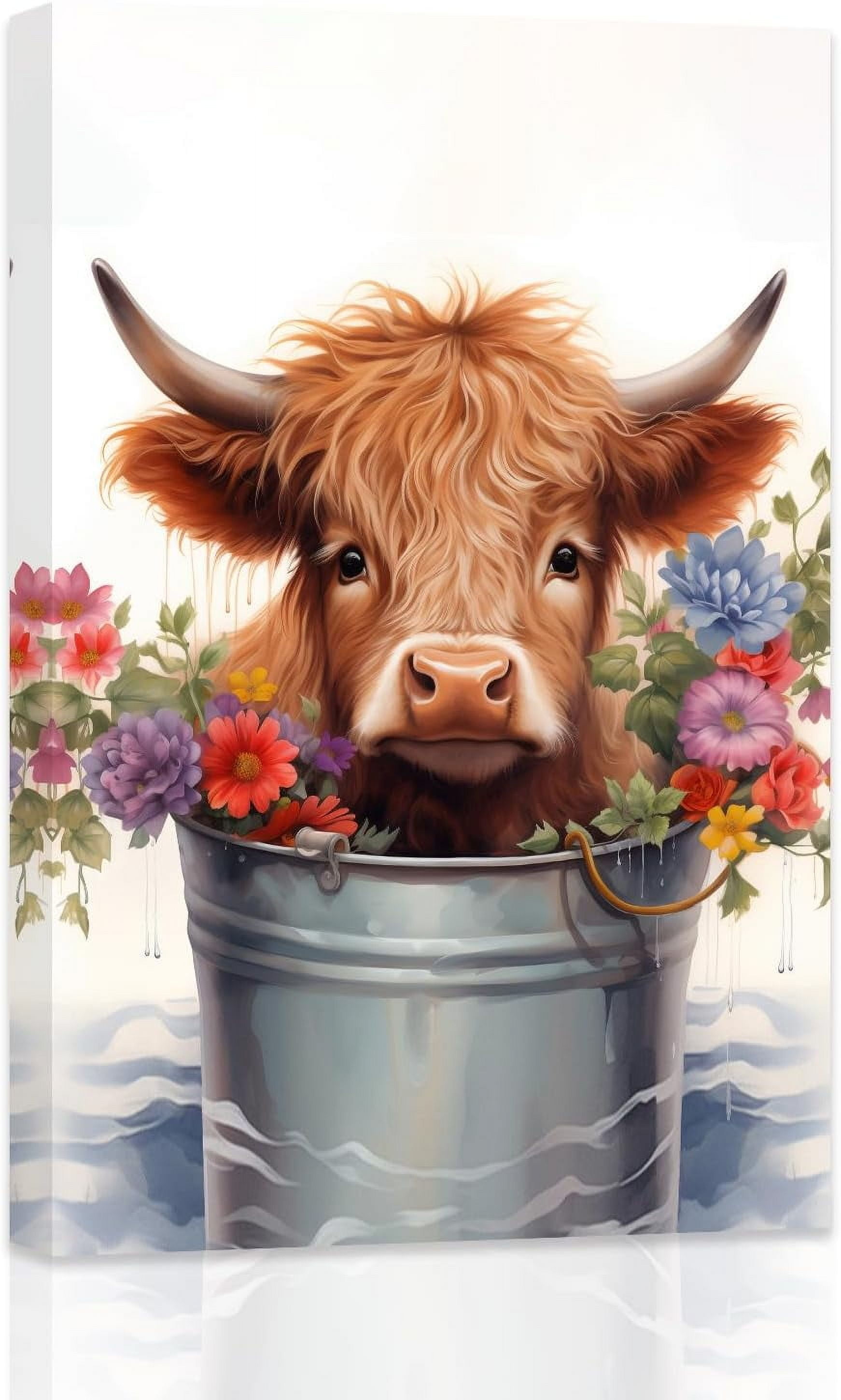 ZHONGYUTONG Highland Cow Bathroom Wall Art Cattle Baby in Bucket Canvas ...