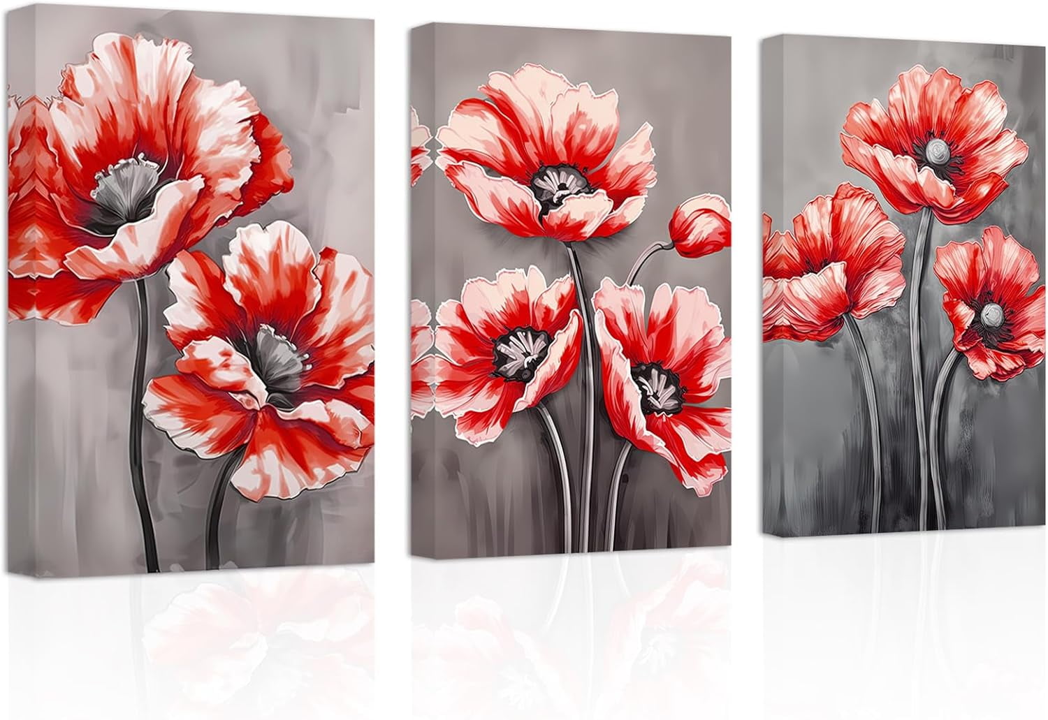 ZHONGYUTONG Red Poppies Canvas Wall Art 3 Piece Black White & Gray ...