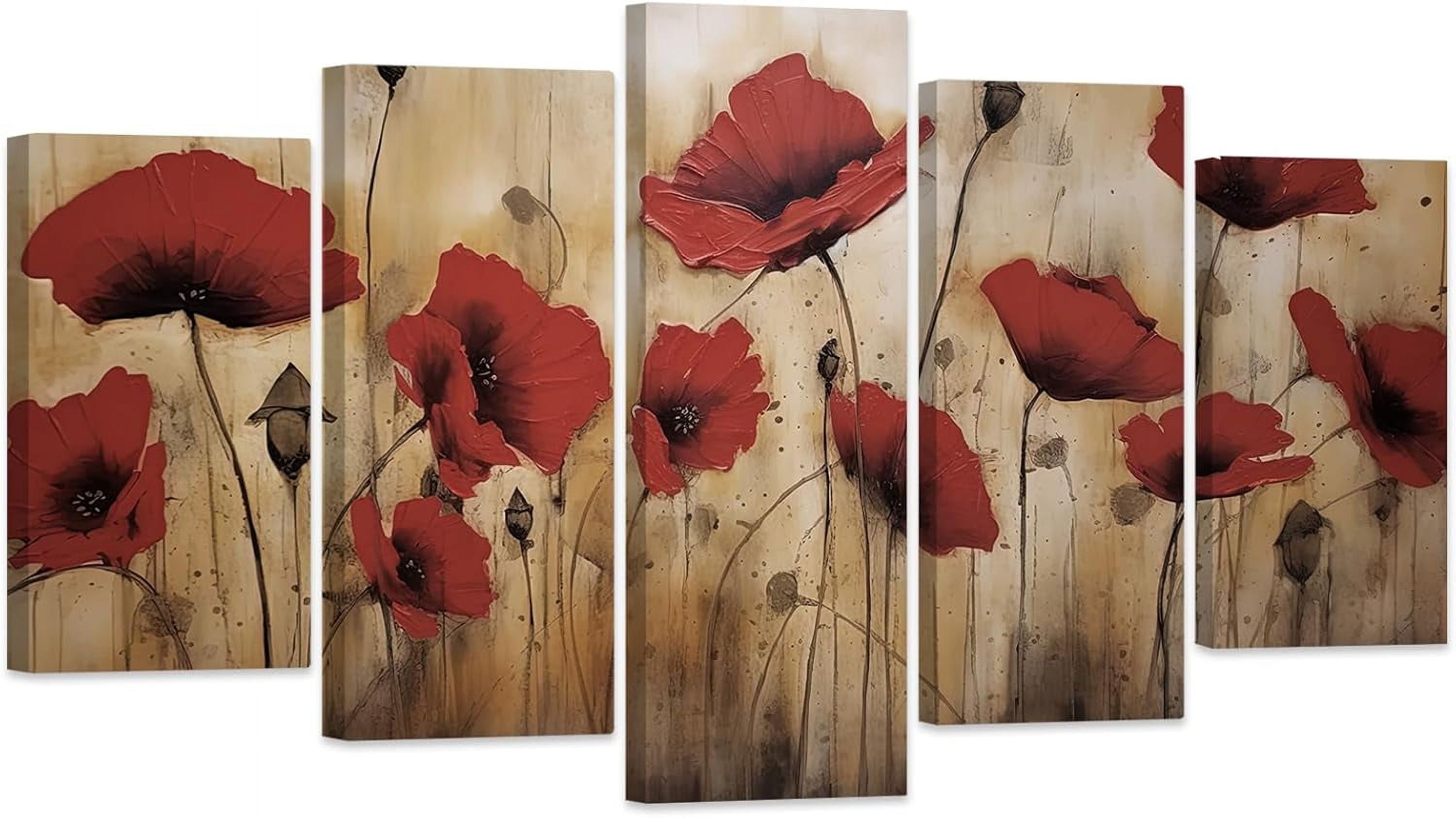 ZHONGYUTONG Red Poppies Flower Canvas Wall Art 5 Pieces Retro Poppy ...