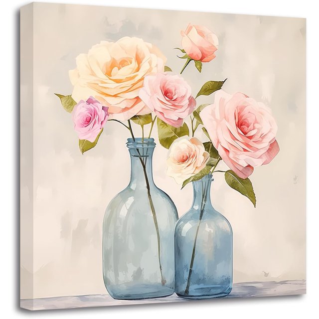 ZHONGYUTONG Rustic Bathroom Wall Art Rose Floral in Teal Vase Pictures ...