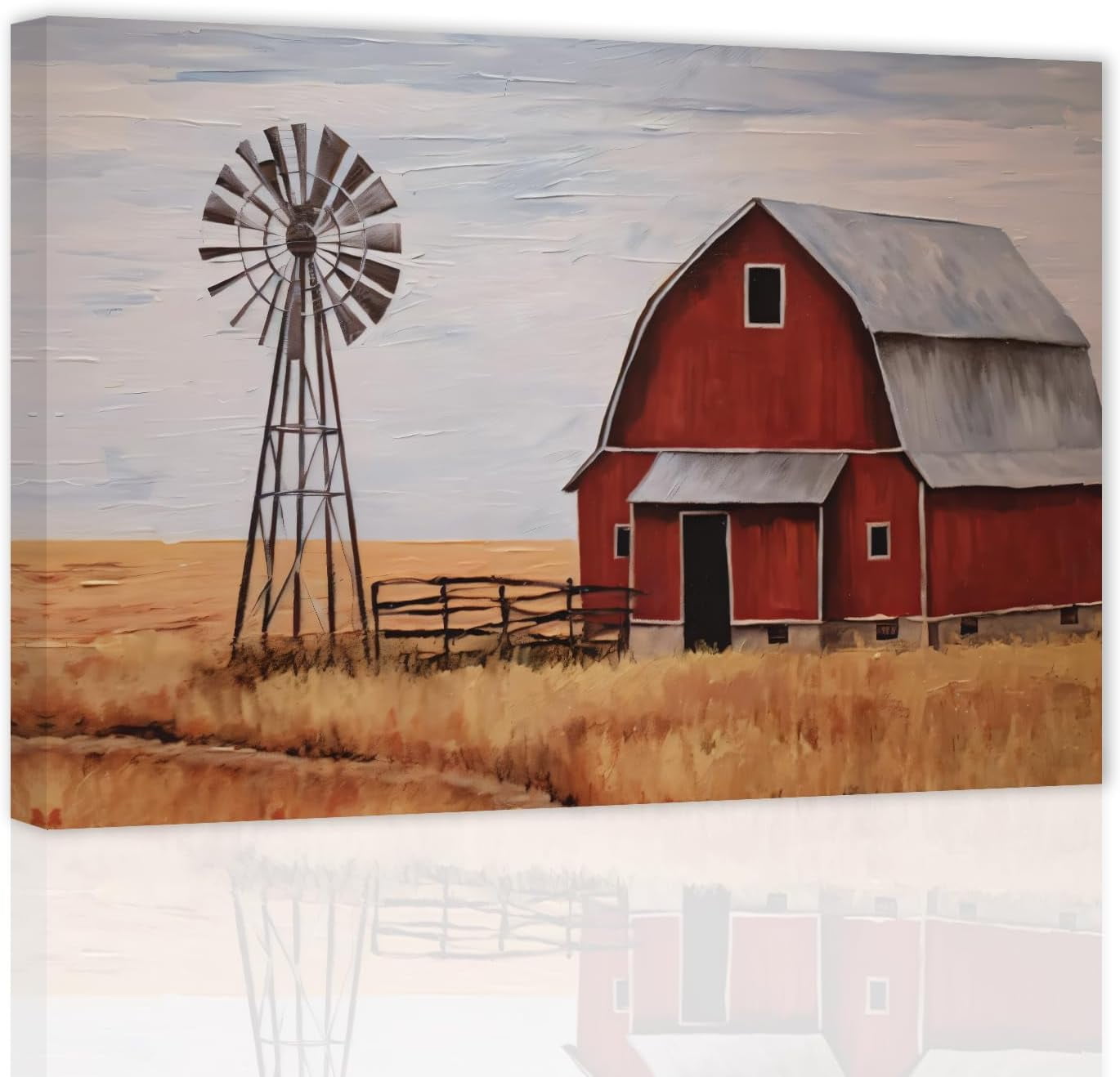ZHONGYUTONG Rustic Red Barn Wall Art Country Landscape Windmill Picture ...