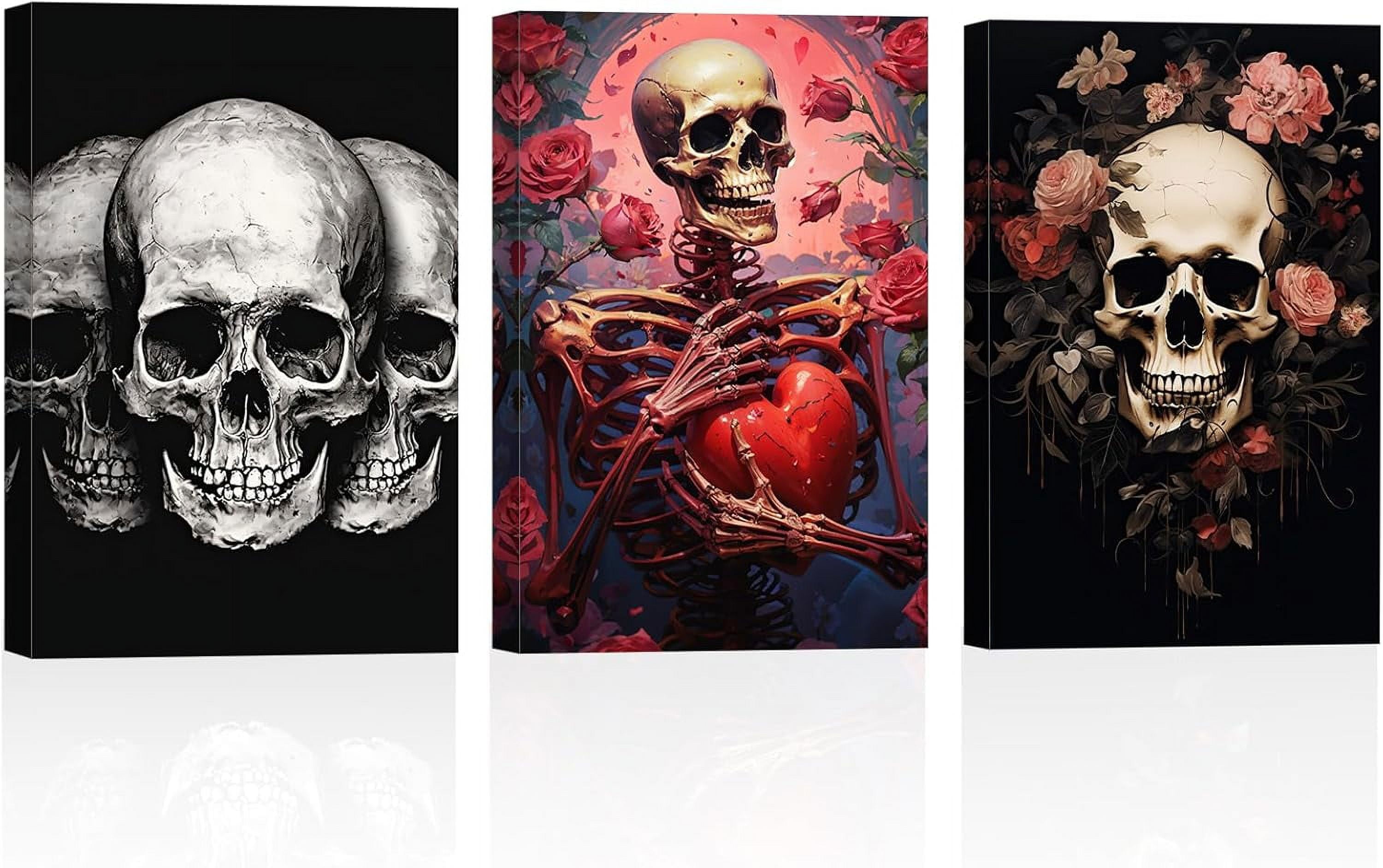 ZHONGYUTONG Skull Canvas Wall Art 3 Pieces Abstract Skeleton and Pink ...