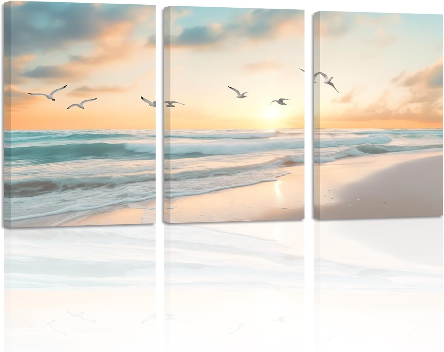 ZHONGYUTONG Sunset Beach Wall Art 3 Pieces Seagulls Flying Ocean Waves ...