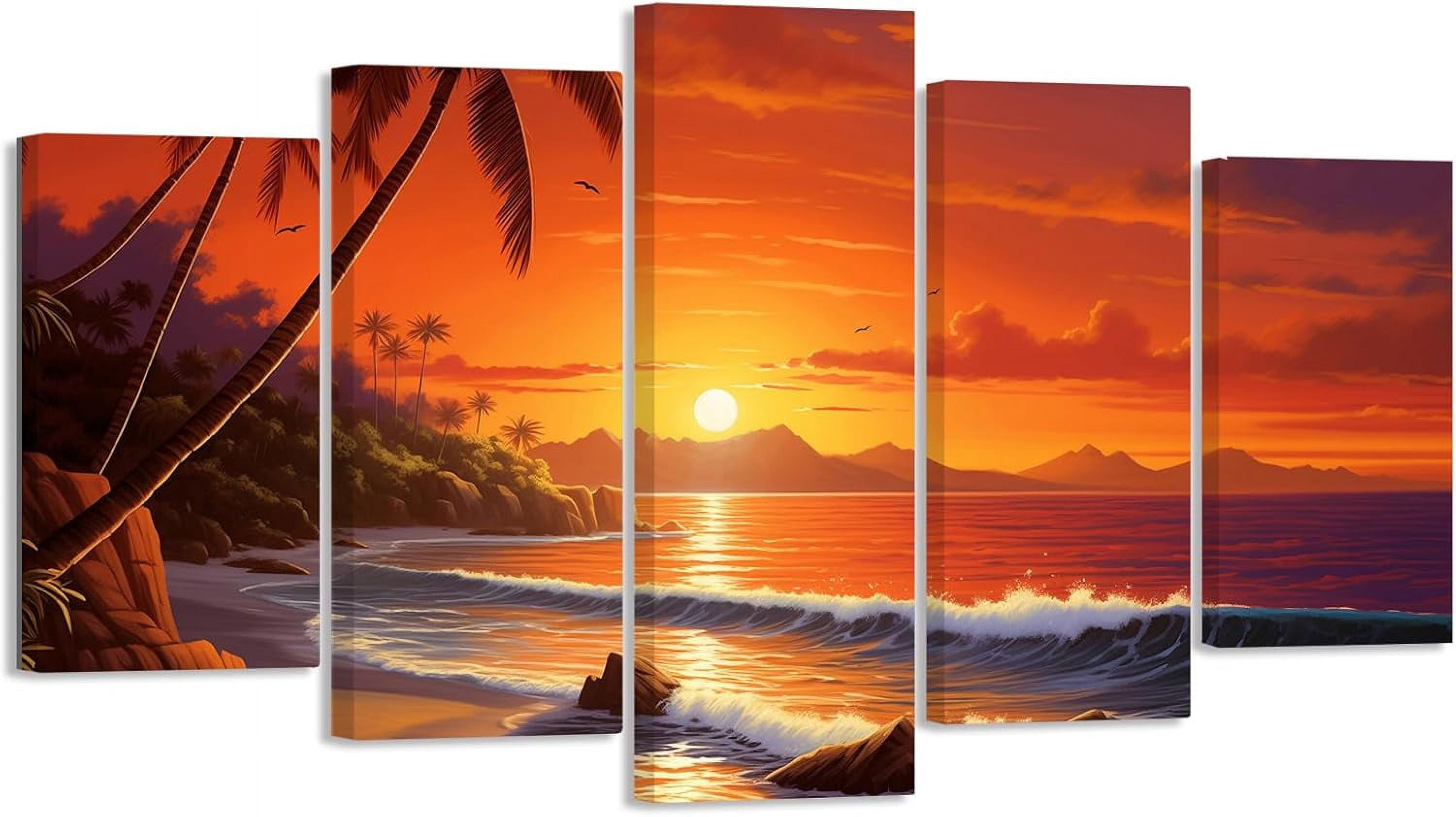 ZHONGYUTONG Sunset Beach Wall Art 5 Pieces Ocean Waves with Palm Trees ...