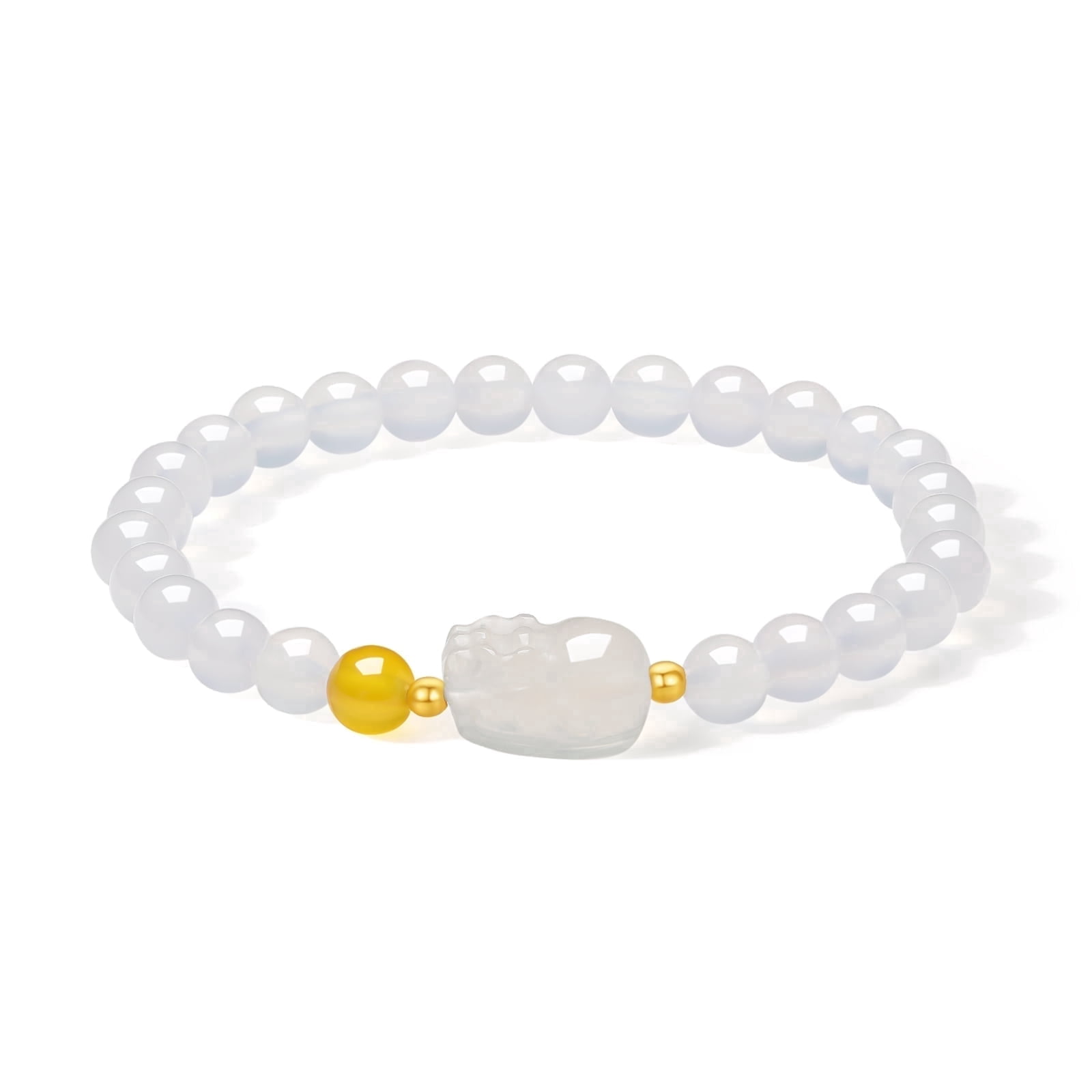 ZHOU LIU FU Yellow Gold Beads Chalcedony Beaded Bracelet Pixiu White ...
