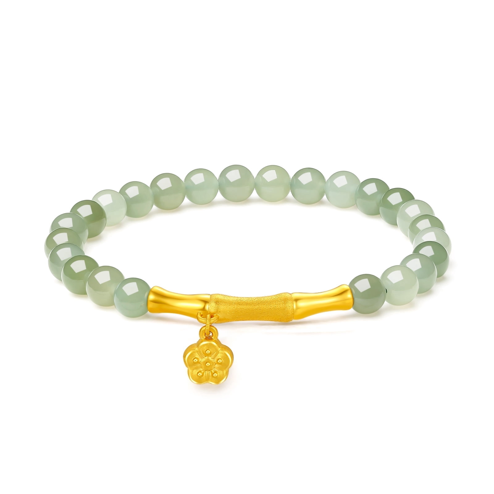 ZHOU LIU FU 24K Gold Green Jade Bead Bracelet Elastic Fortune Bamboo ...