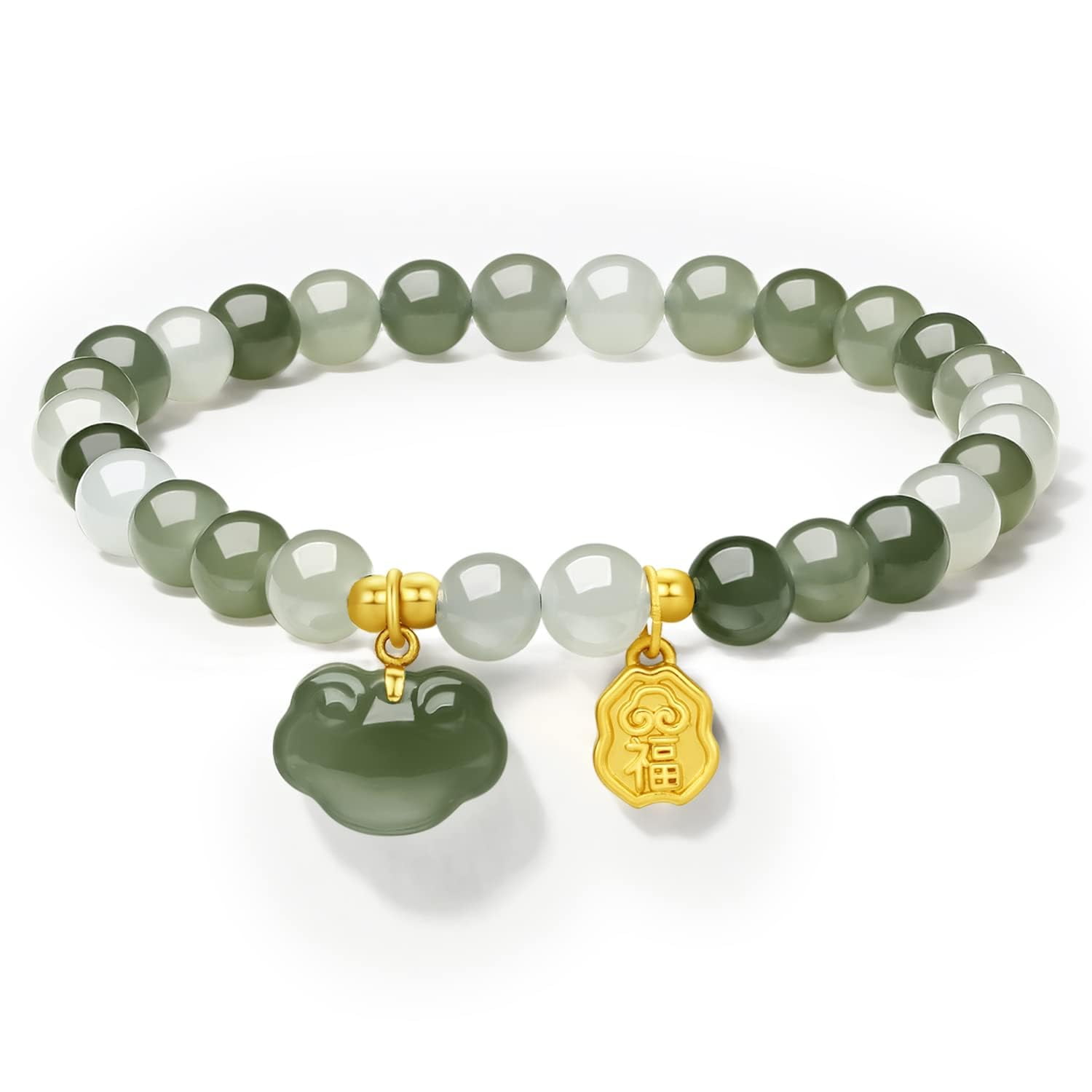 ZHOU LIU FU 24K Gold Green Jade Bead Bracelet Pure Gold Elastic Fortune ...