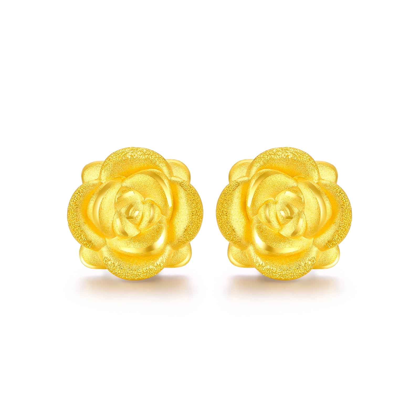 ZHOU LIU FU 24K Pure Gold Earrings Delicate Rose Golden Floral Stud ...