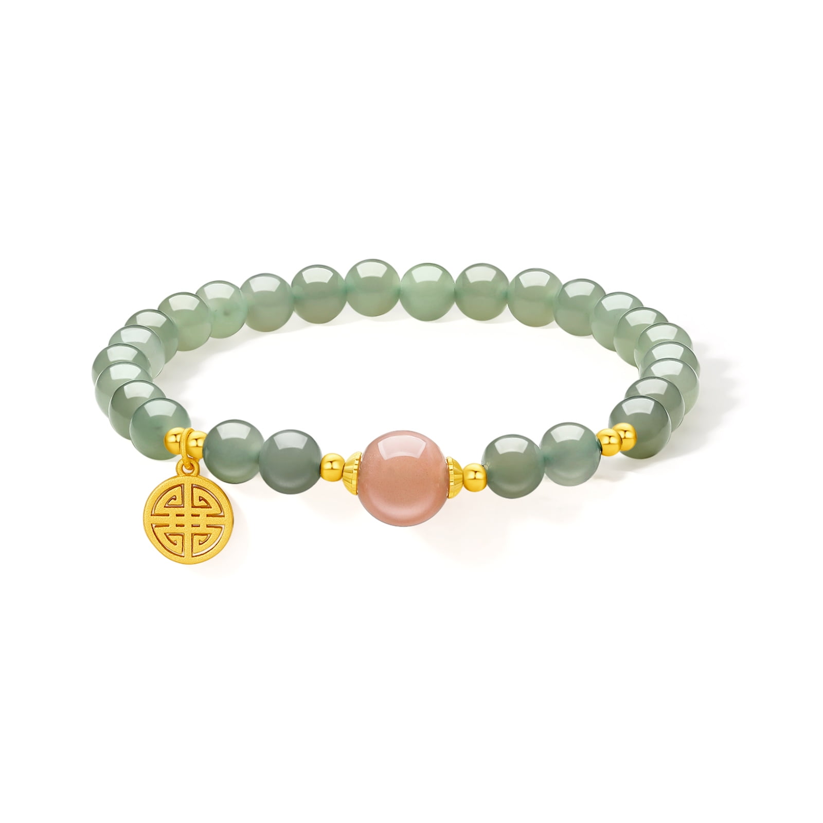 ZHOU LIU FU S925 Silver Beaded Bracelet Sunstone Lucky Charm Green Jade ...