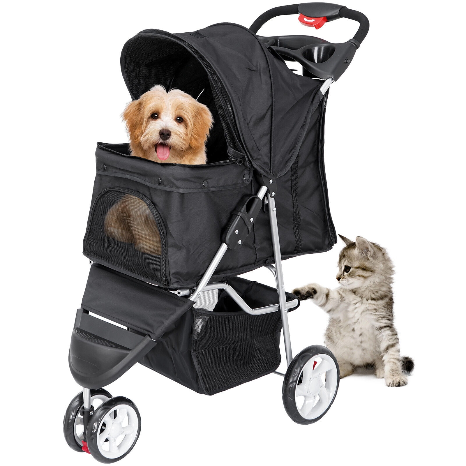 ZHOUB 3-Wheeled Foldable Pet Stroller in Black for Cats and Dogs with ...