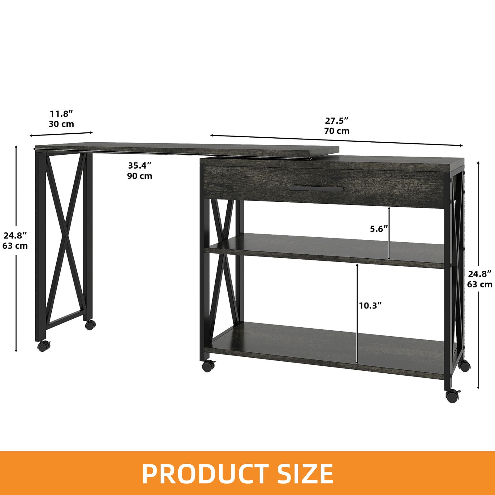 ZHOUB 360° Rotating Sofa Side Table with Drawer 2-Tier Storage Shelves ...