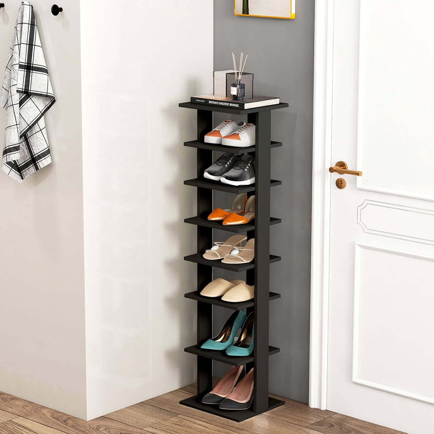 ZHOUB 8 Tiers Vertical Shoe Rack, Patented Space Saving Corner Shoe ...