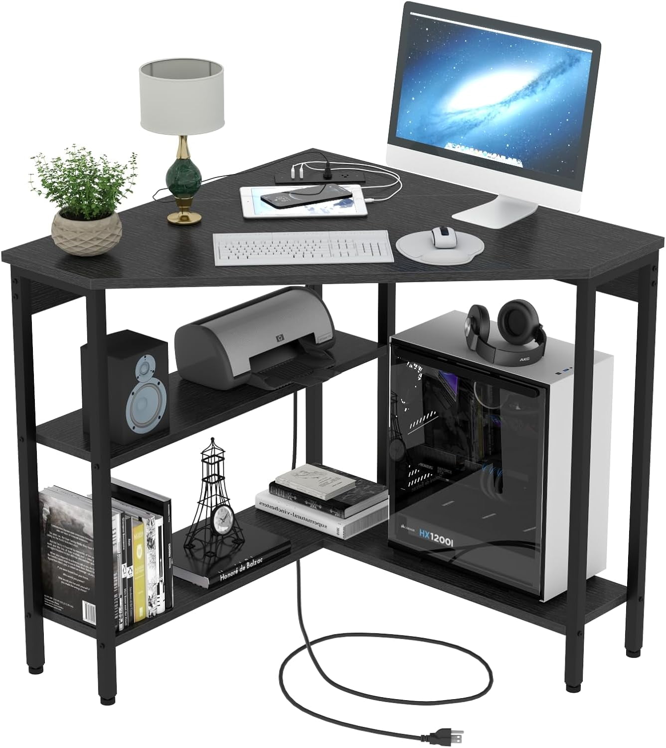 ZHOUB Corner Desk with Outlets & USB Ports, 90 Degree Triangle Corner ...