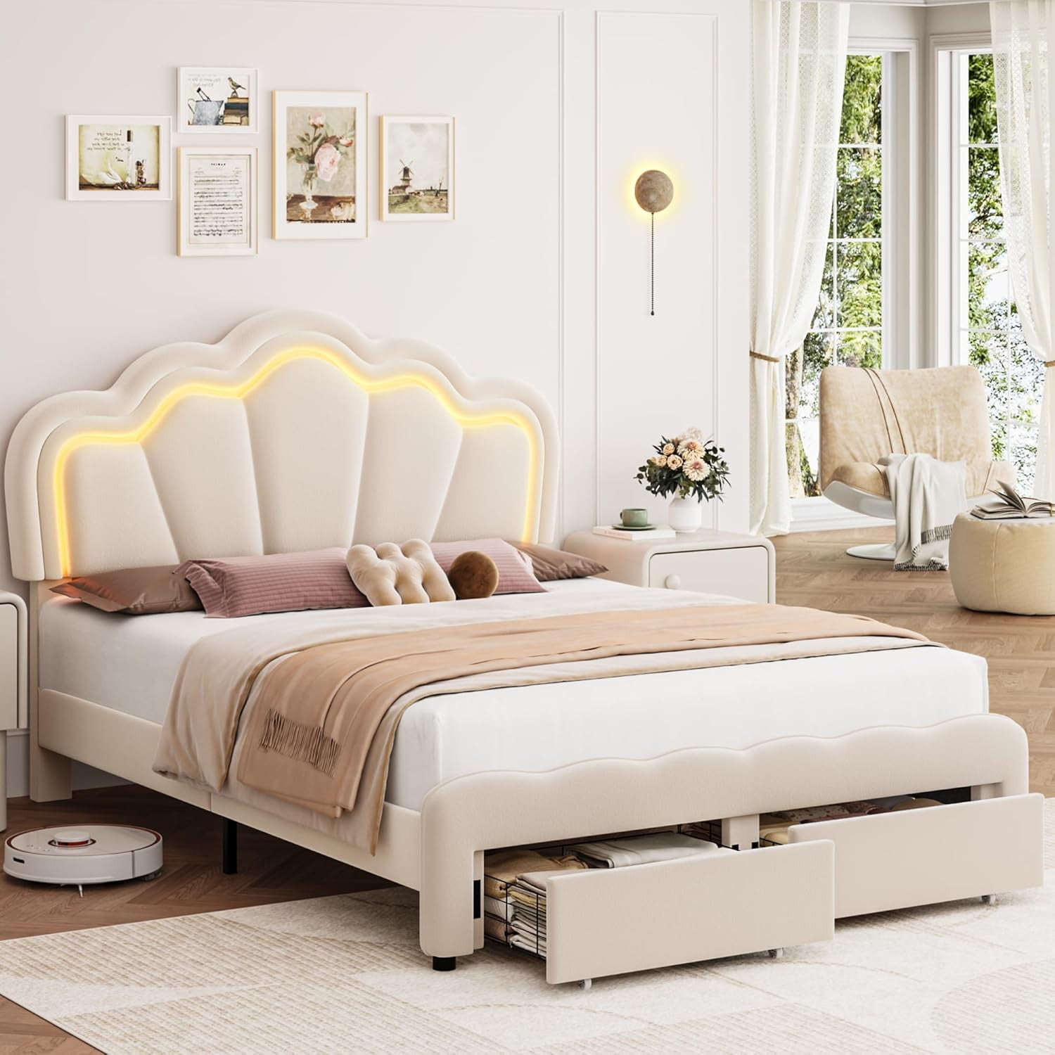 ZHOUB Full Upholstered LED Bed Frame with Storage Drawers, Cute Girls ...