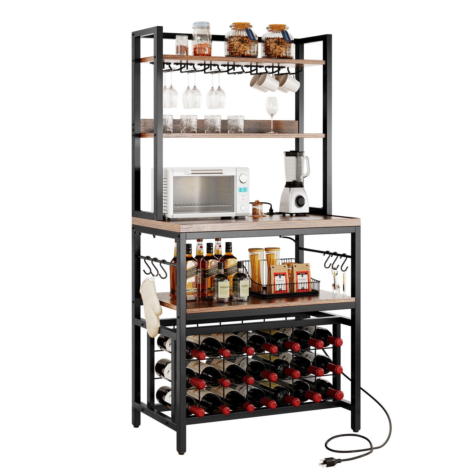 ZHOUB Industrial Wine Bakers Rack with Power Outlet and LED Strip ...