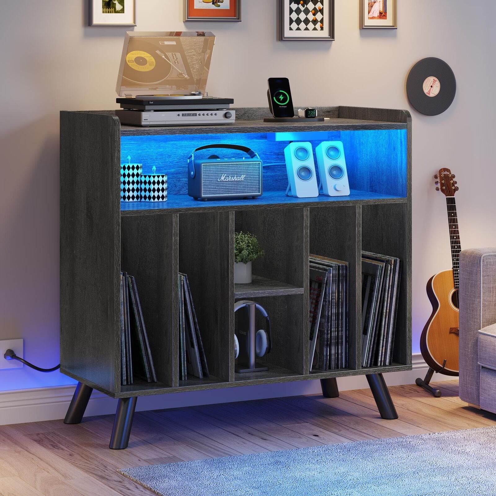 ZHOUB LED Record Player Stand, Large Record Player Table Cabinet with ...