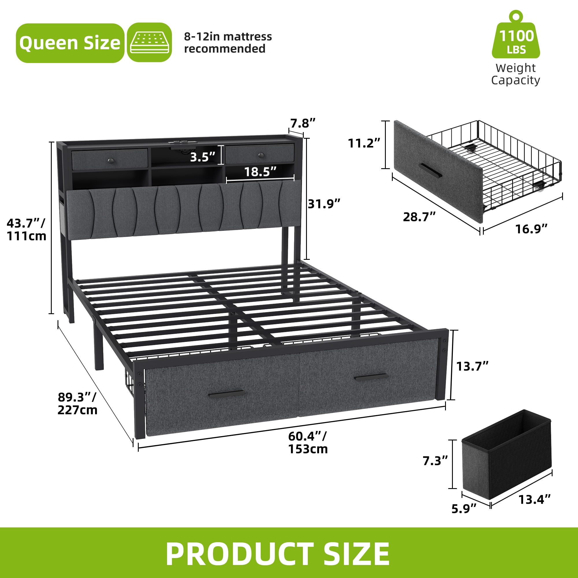 ZHOUB Queen Size Linen Upholstered with Headboard Bed Frame 2 Storage ...