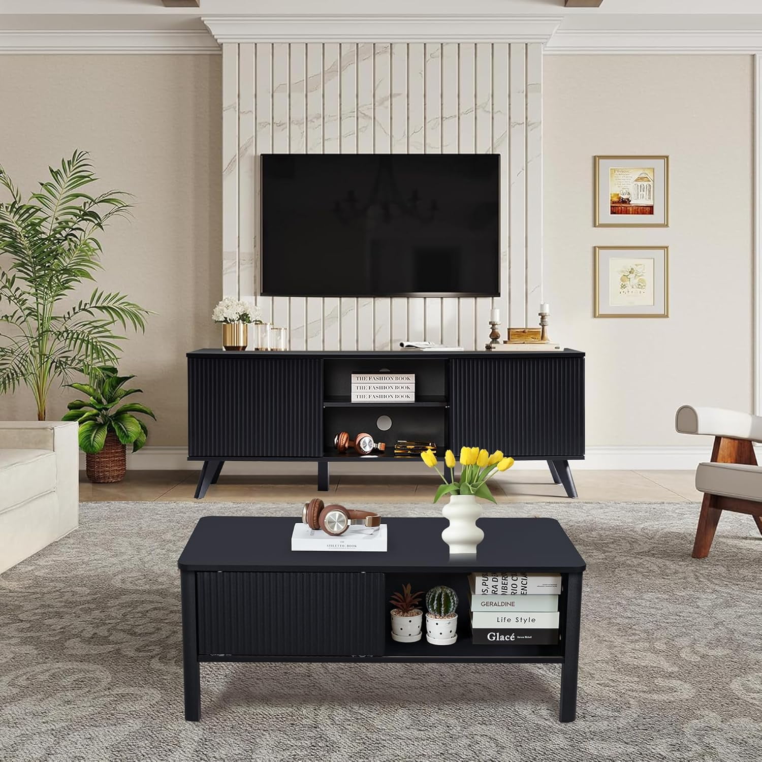 ZHOUB TV Stand and Coffee Table Set, Rectangle Fluted Coffee Table and ...