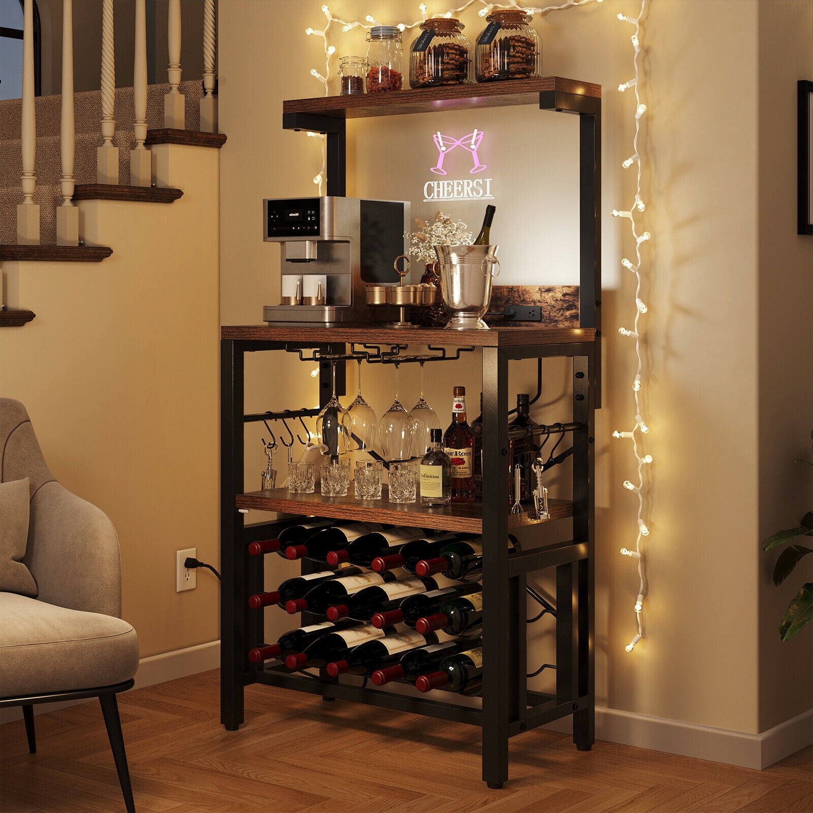 ZHOUB Wine Bar Cabinet with Power Outlets, 4-Tier Floor Liquor Bar ...