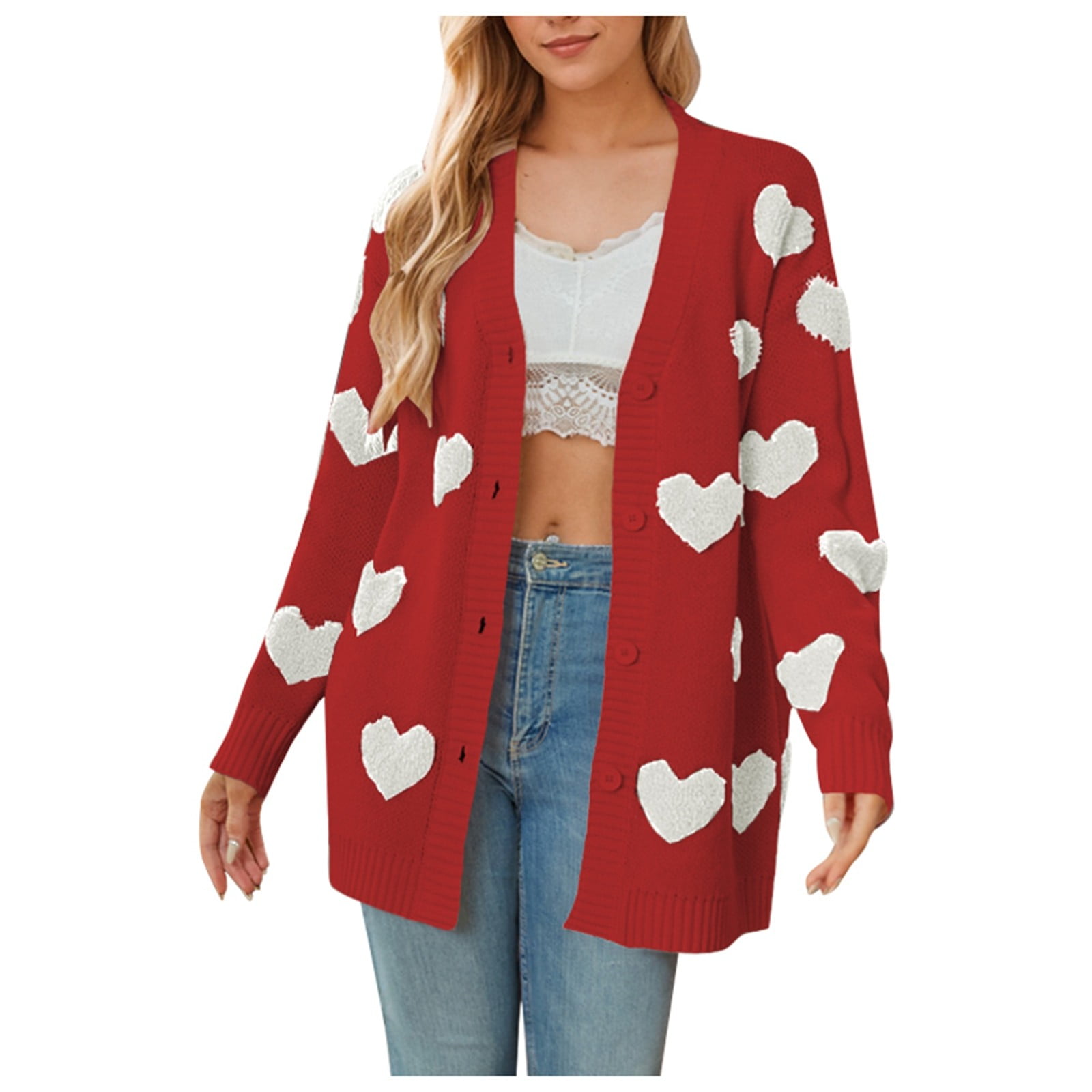 ZHOUCHANKIDS Valentine's Day Heart Design Knit Cardigan V-Neck Button ...