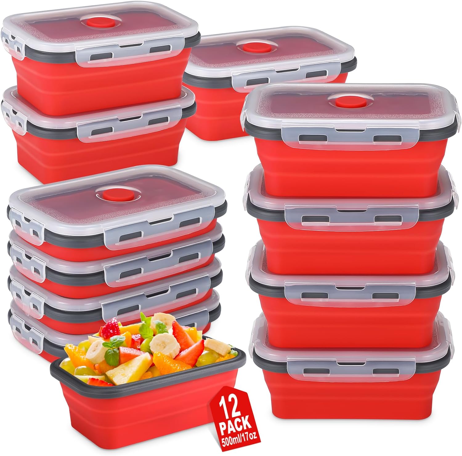 ZHQ 12 Pack Collapsible Bowls Bulk with Leak Proof Lids 17oz Rectangle ...