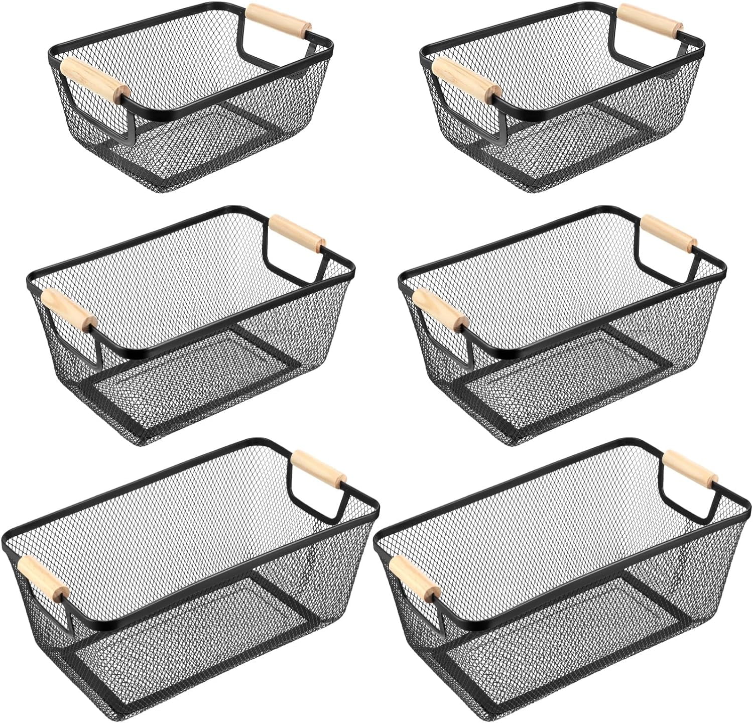 ZHQ 6 Pack 3 Size Metal Wire Baskets Wooden Handles Steel Mesh Storage ...