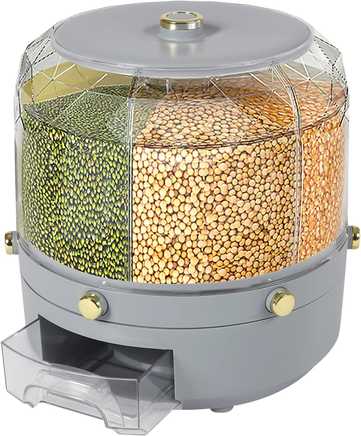 ZHQ One-Click Rice Output Food Containers, 360° Rotatable Grain ...