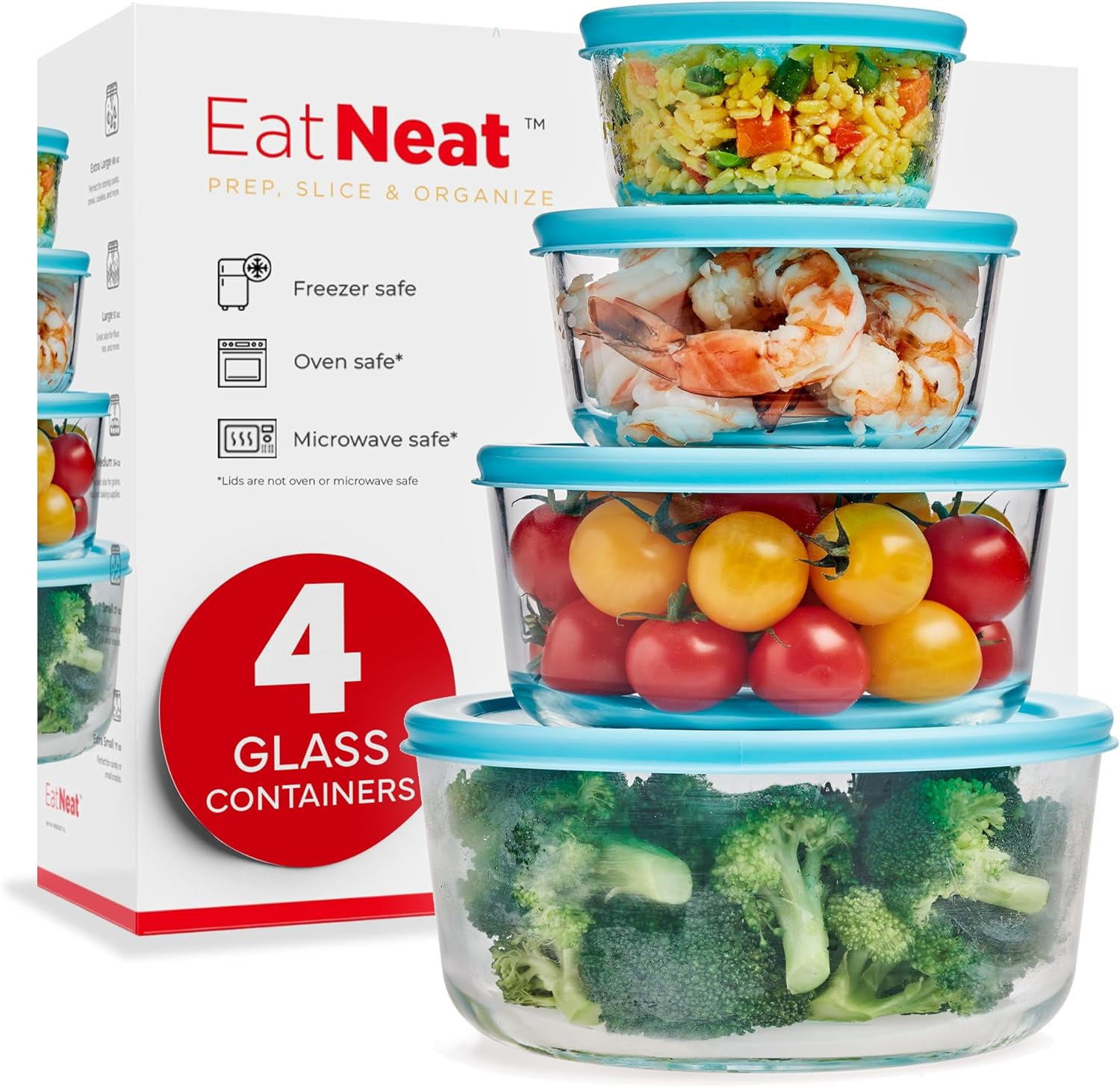 ZHQ Set of 4 Round Glass Food Storage Containers with Lids - Stackable ...