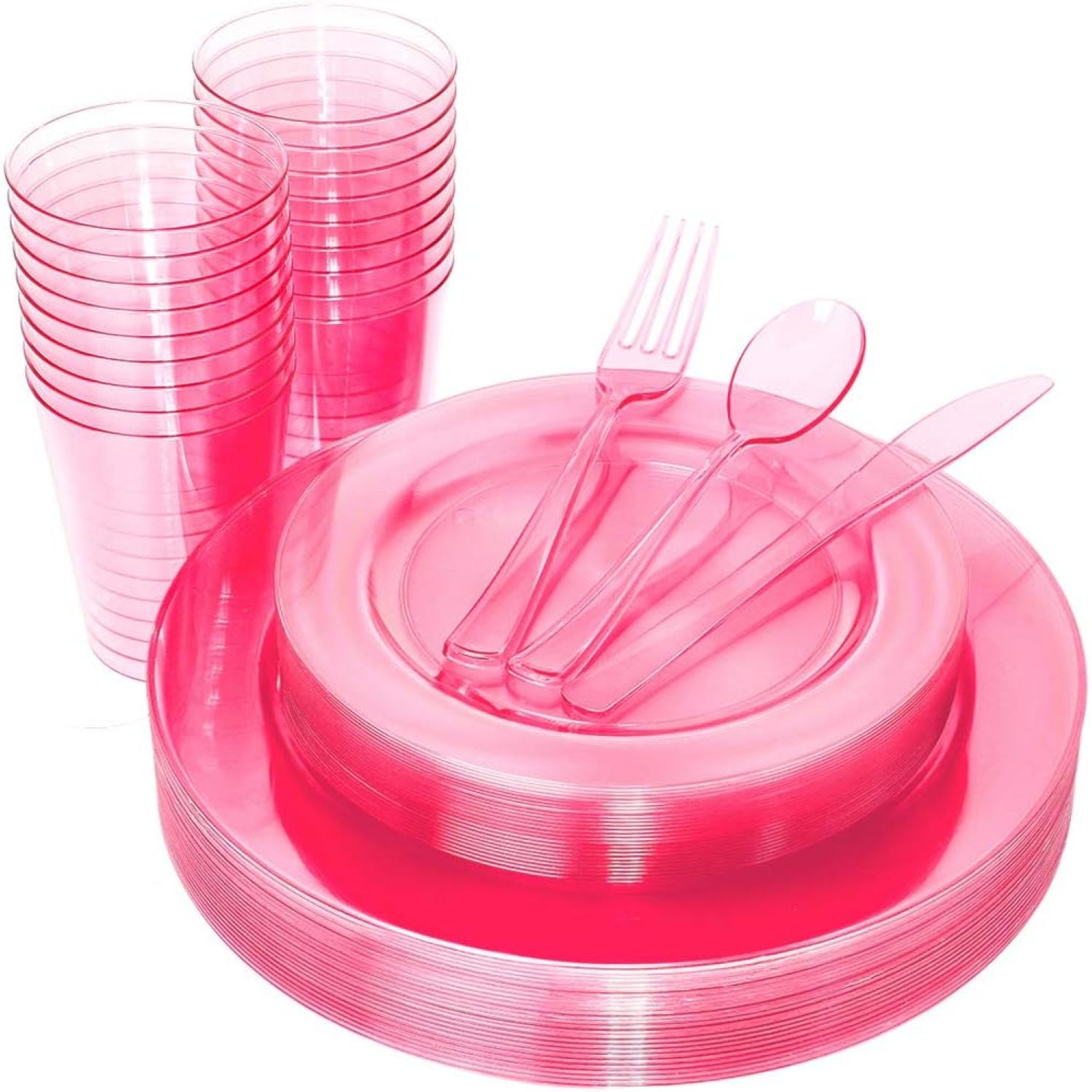 ZHSF 25 Guest Pink Plates with Disposable Plastic Silverware&Pink Cups ...