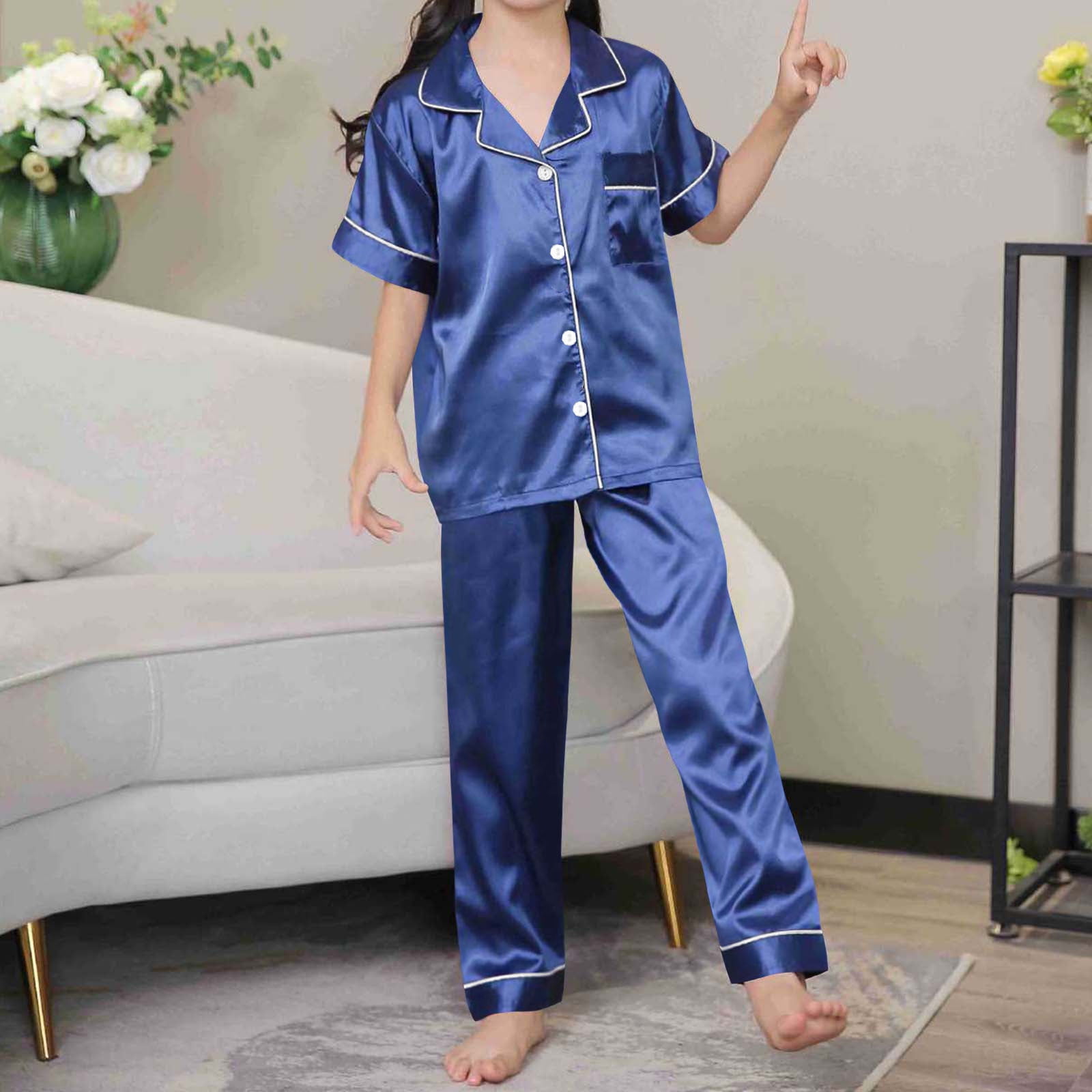 ZHUGeLI Cute Satin Pajamas for Big/Tween Girls Silk Button Down Short ...