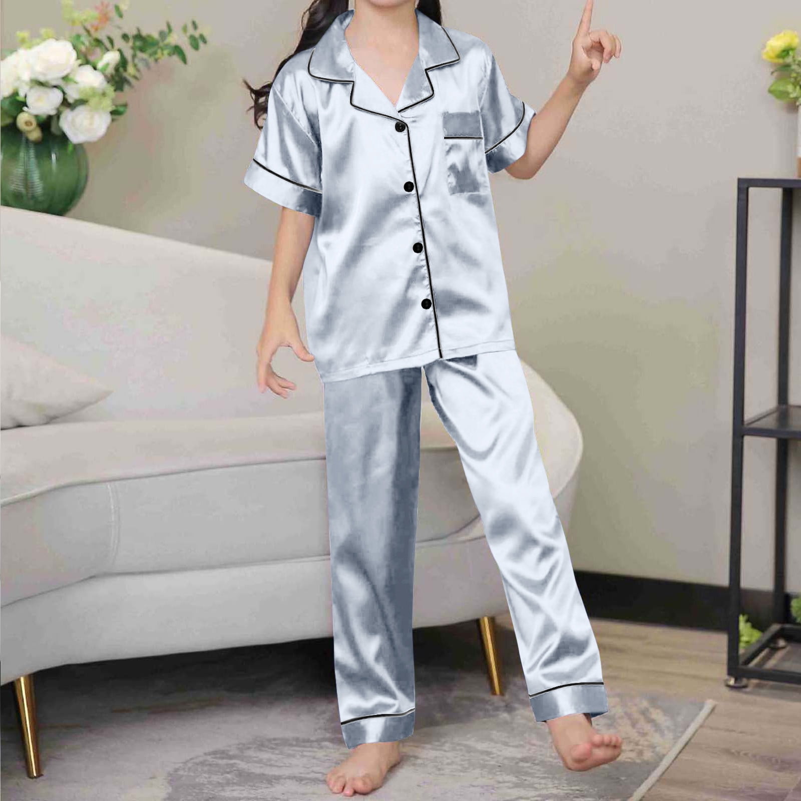 ZHUGeLI Cute Satin Pajamas for Big/Tween Girls Silk Button Down Short ...