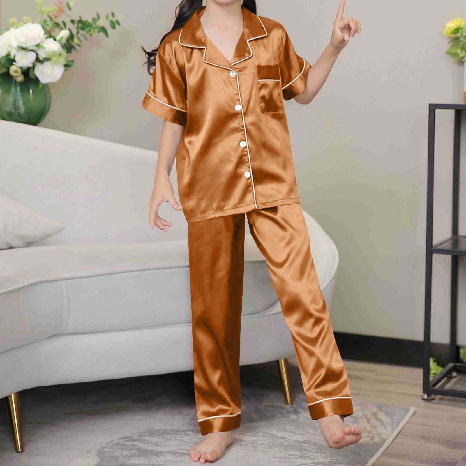 ZHUGeLI Cute Satin Pajamas for Big/Tween Girls Silk Button Down Short ...